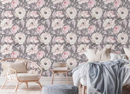 HAOKHOME Floral Peel and Stick Wallpaper Peony Removable Grey/Pink Vinyl Cabinet Self Adhesive Shelf Liner 17.7in x 9.8ft