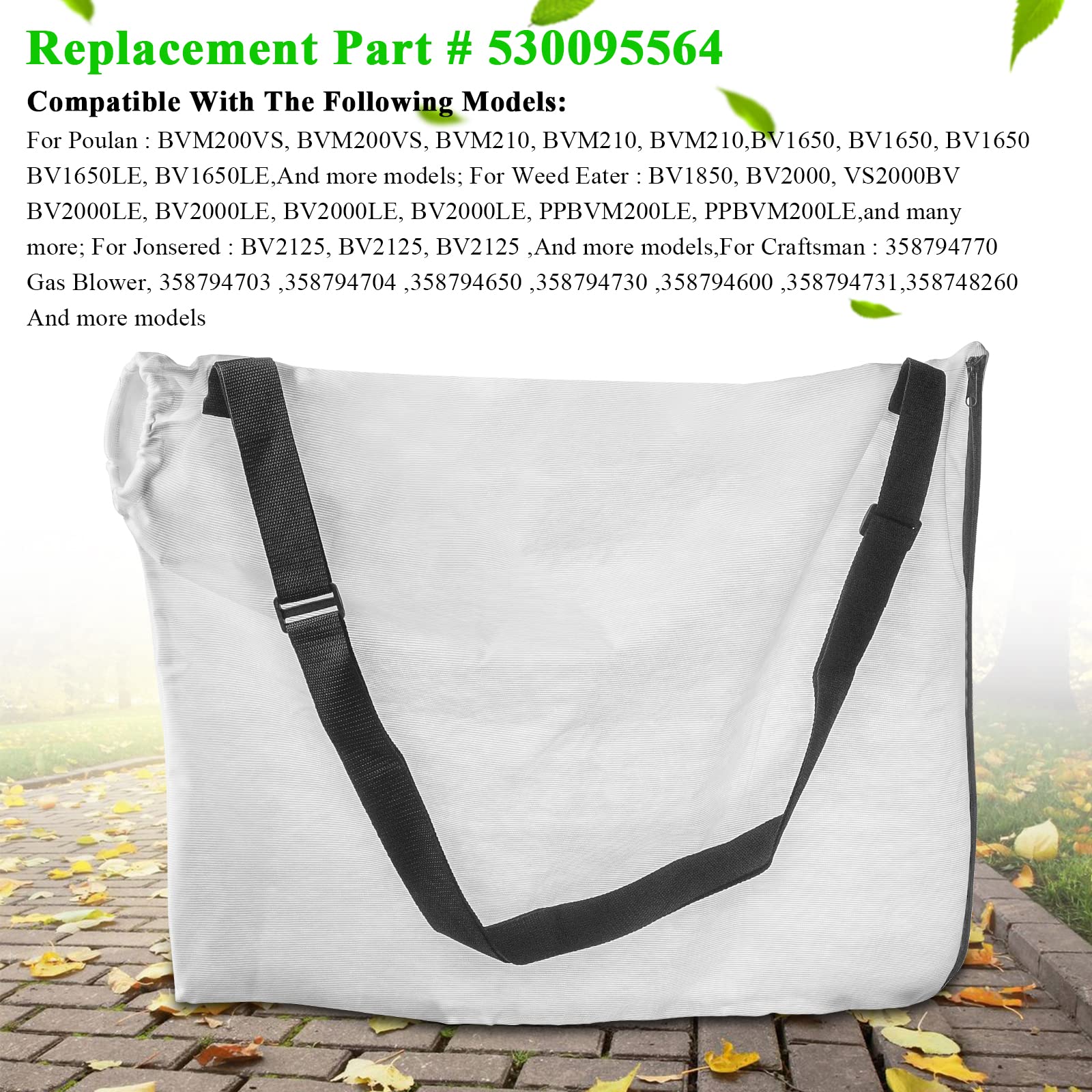 530095564 Blower Leaf Vacuum Bag, for Husqvarna Craftsman Poulan Pro Poulan Weed Eater Roper Sears Rally EHP and Yard Pro 530095599 Leaf Vacuum Bags Bottom Zippered Design