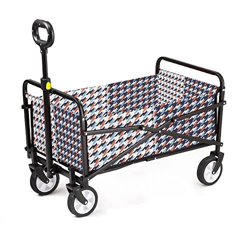 Collapsible Wagon Cart Houndstooth Check Geometric in Blue Orange White Seamless Multicolored Foldable Utility Wagon Large Capacity Garden Cart with Push Bar for Beach Camp Outdoor Shopping