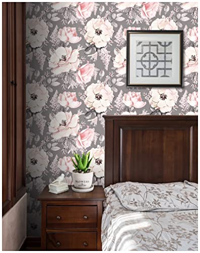 HAOKHOME Floral Peel and Stick Wallpaper Peony Removable Grey/Pink Vinyl Cabinet Self Adhesive Shelf Liner 17.7in x 9.8ft