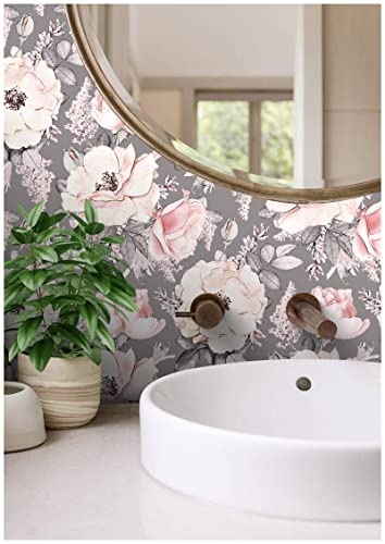 HAOKHOME Floral Peel and Stick Wallpaper Peony Removable Grey/Pink Vinyl Cabinet Self Adhesive Shelf Liner 17.7in x 9.8ft
