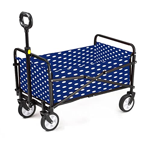 Collapsible Wagon Cart Seamless White Polka dots Navy Foldable Utility Wagon Large Capacity Garden Cart with Push Bar for Beach Camp Outdoor Shopping