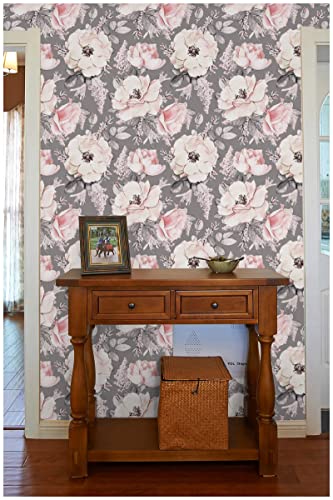 HAOKHOME Floral Peel and Stick Wallpaper Peony Removable Grey/Pink Vinyl Cabinet Self Adhesive Shelf Liner 17.7in x 9.8ft