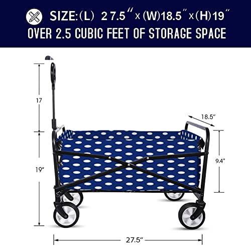 Collapsible Wagon Cart Seamless White Polka dots Navy Foldable Utility Wagon Large Capacity Garden Cart with Push Bar for Beach Camp Outdoor Shopping