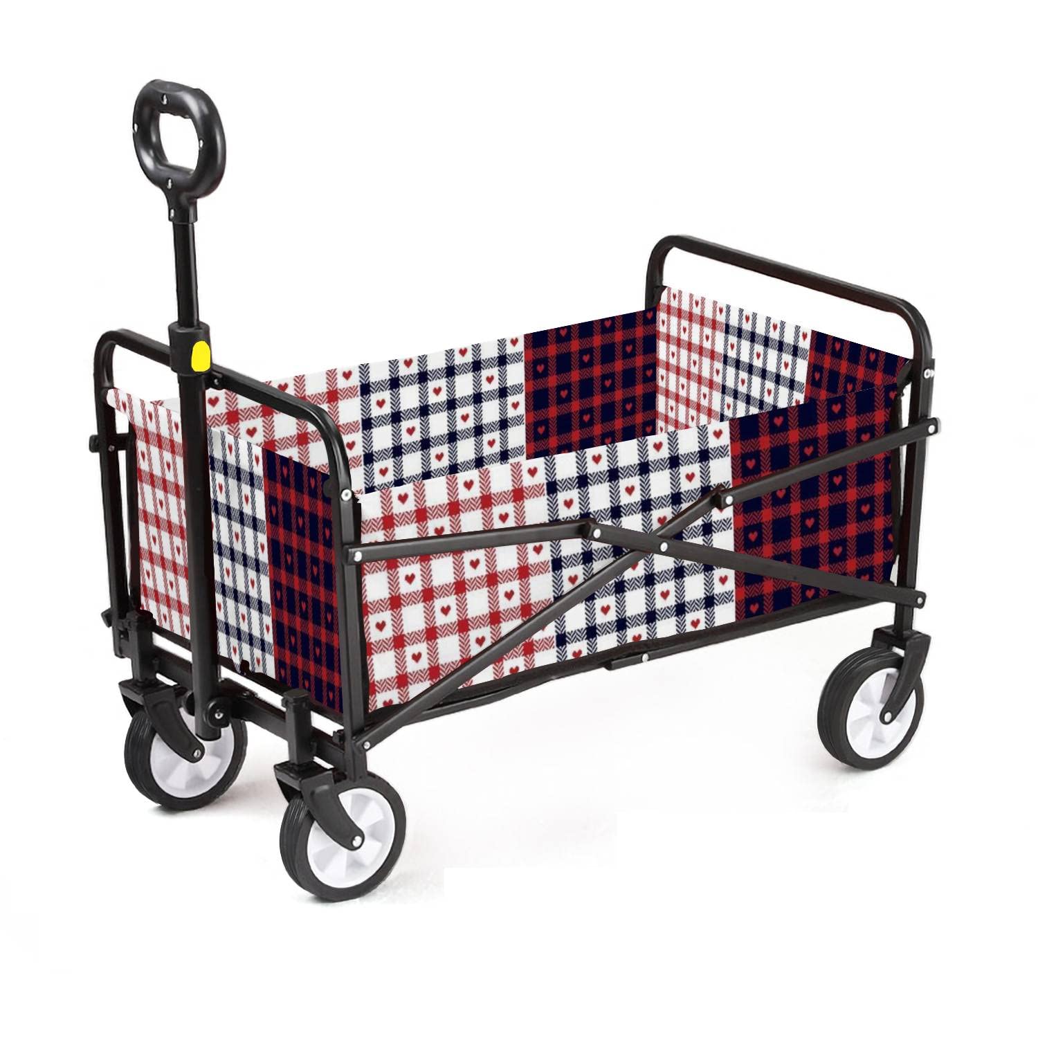Collapsible Wagon Cart Tartan Plaid Herringbone for Valentines Day in red White Navy Blue Foldable Utility Wagon Large Capacity Garden Cart with Push Bar for Beach Camp Outdoor Shopping