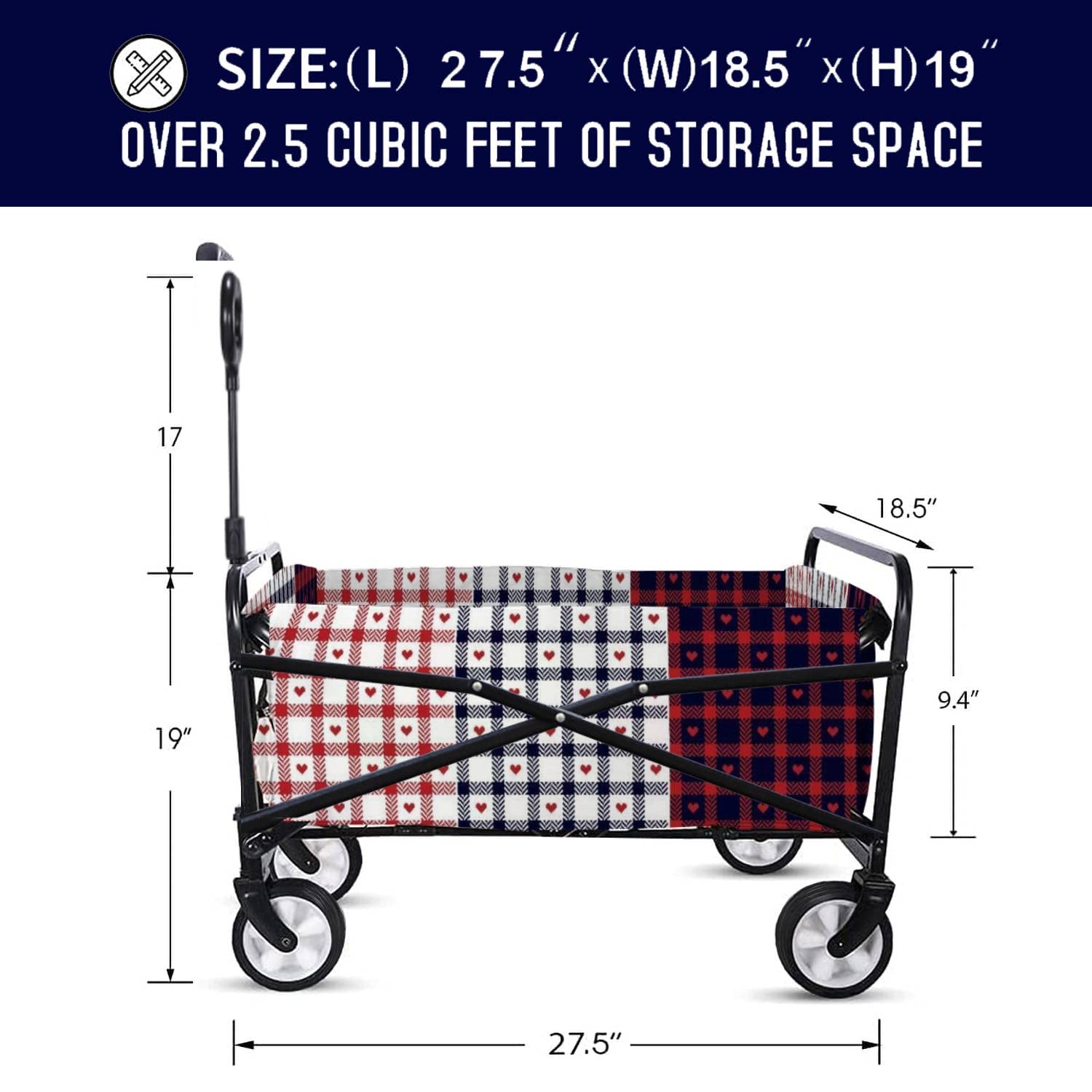 Collapsible Wagon Cart Tartan Plaid Herringbone for Valentines Day in red White Navy Blue Foldable Utility Wagon Large Capacity Garden Cart with Push Bar for Beach Camp Outdoor Shopping