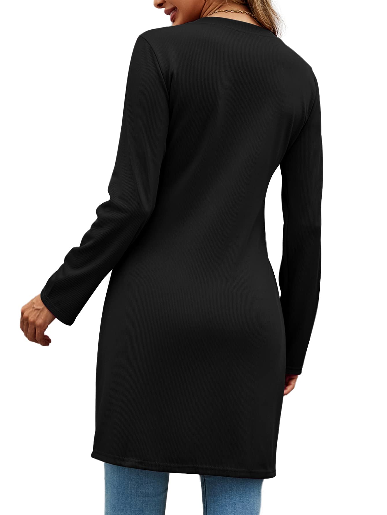 LYANER Women's Sexy Zip Up V Neck Long Sleeve Side Split Asymmetrical Hem Longline Tunic Blouse Top Black X-Large