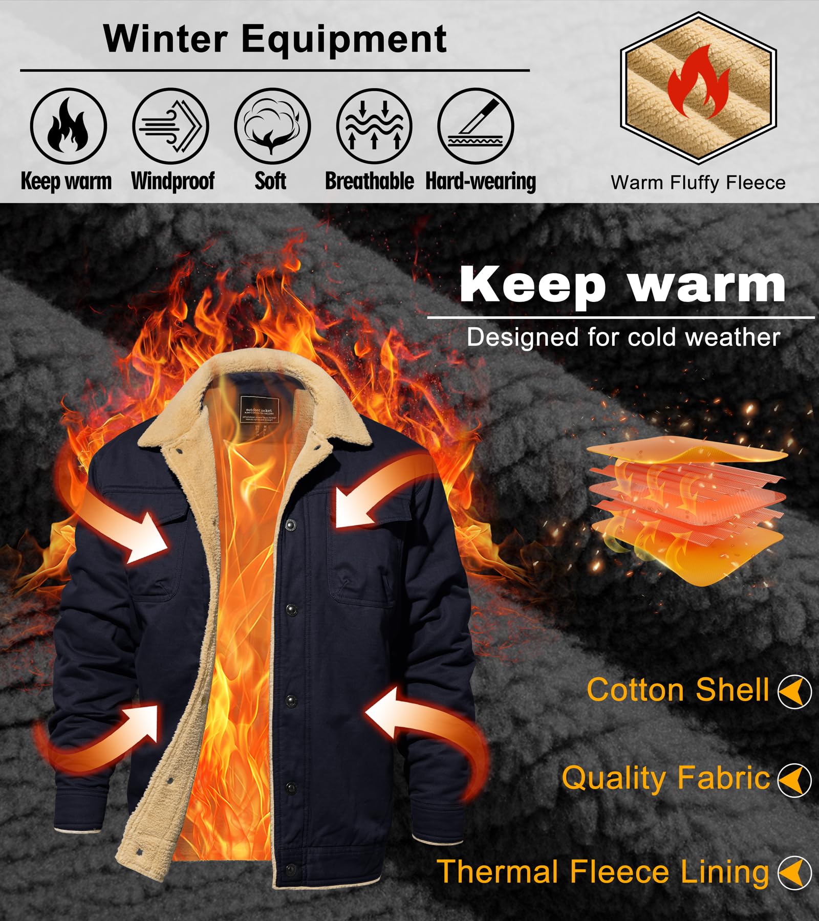 EKLENTSON Winter Coat Lapel Trucker Jacket Collared Button Up Field Active Jackets, Navy, X-Large