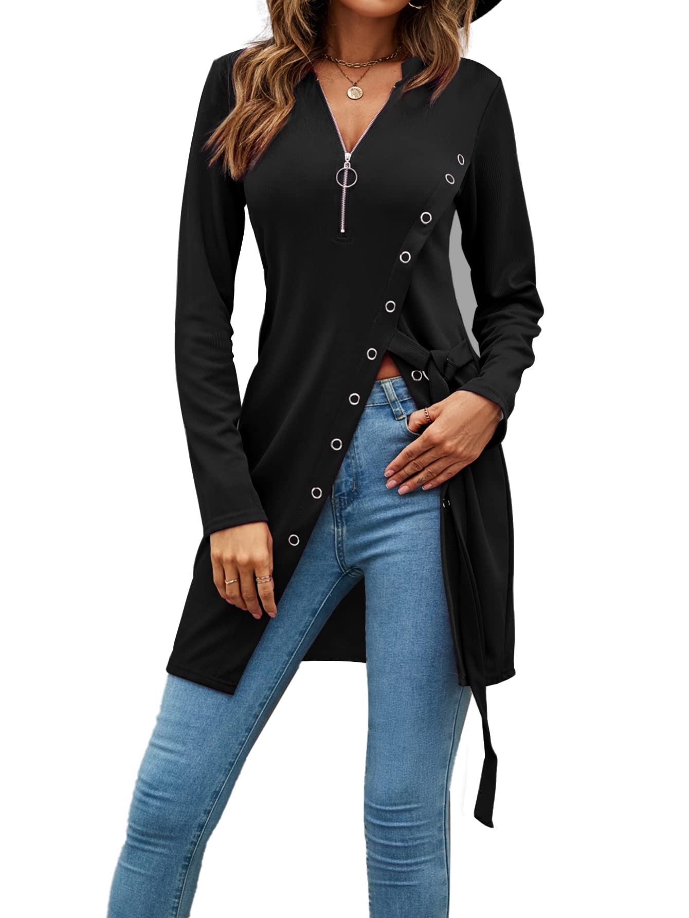 LYANER Women's Sexy Zip Up V Neck Long Sleeve Side Split Asymmetrical Hem Longline Tunic Blouse Top Black X-Large