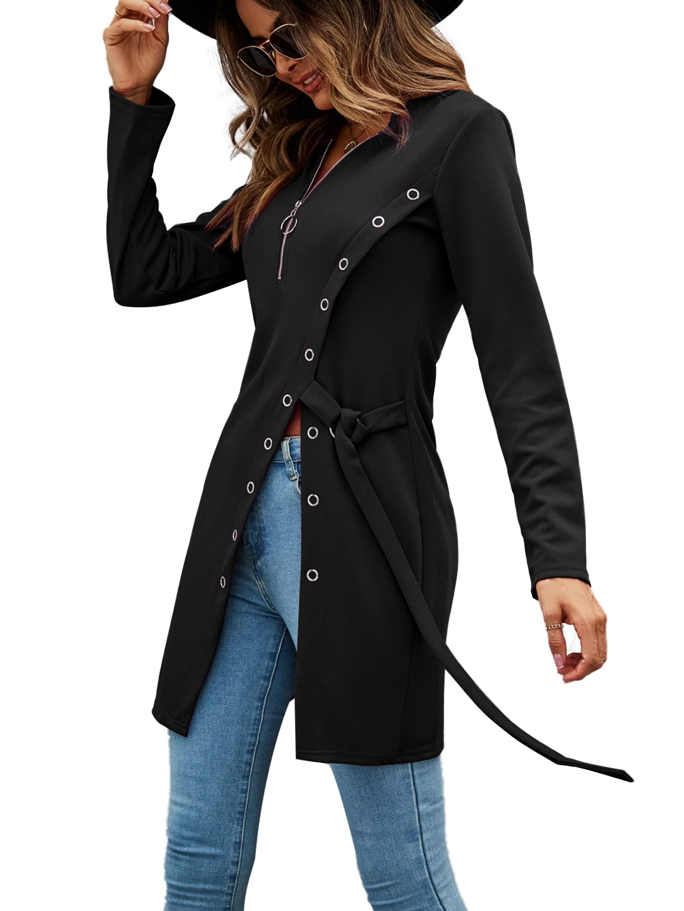 LYANER Women's Sexy Zip Up V Neck Long Sleeve Side Split Asymmetrical Hem Longline Tunic Blouse Top Black X-Large