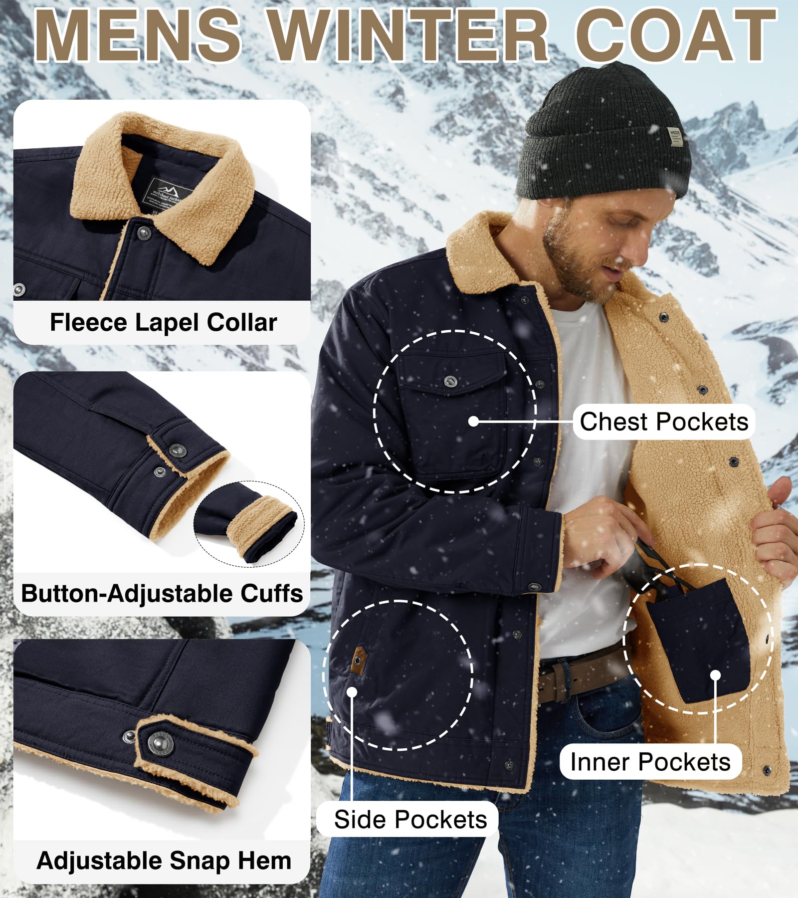 EKLENTSON Winter Coat Lapel Trucker Jacket Collared Button Up Field Active Jackets, Navy, X-Large