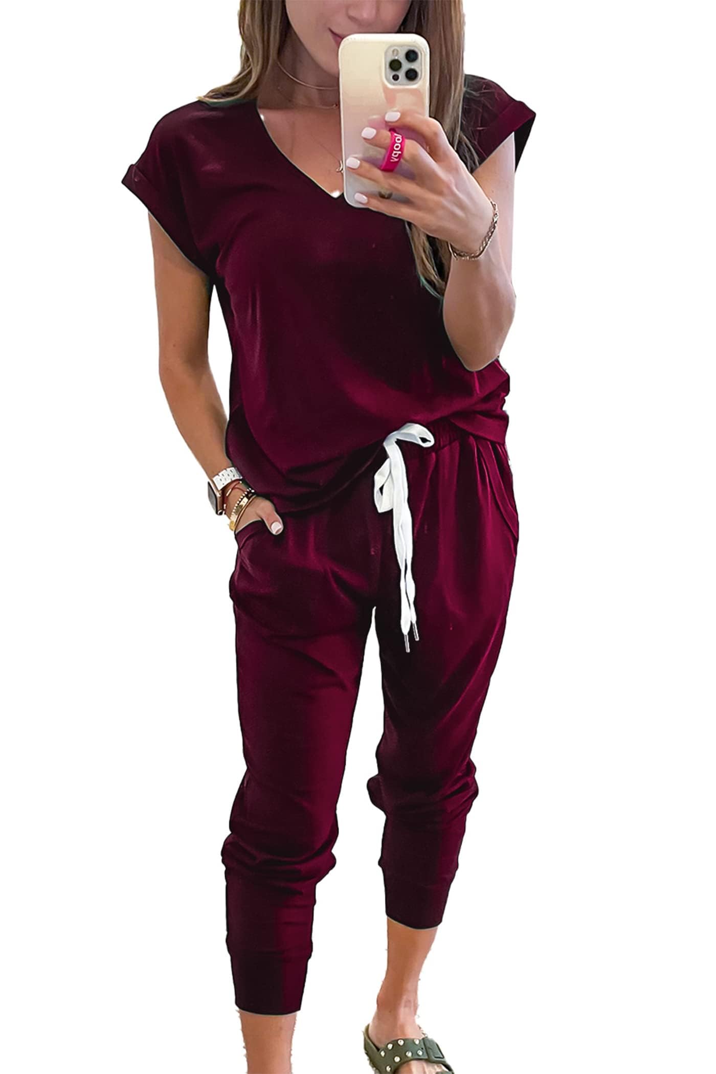PRETTYGARDEN Women's Two Piece Tracksuit V Neck Short Sleeve Tops Long Pants With Drawstring Outfits Jogger Sets(Jujube Red,Small)