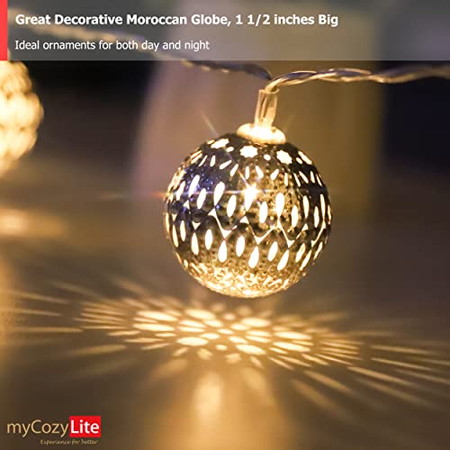Moroccan String Lights Plug in 20 LED Globe Lights Silver Metal Balls for Wedding Party, Birthday, Christmas, Home Decor, Indoor Outdoor, 8 Functions, Timer, Unique Pattern, Connectable, 10 ft