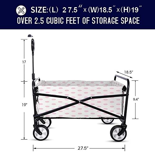Collapsible Wagon Cart Tile Pink Polka dots on White Foldable Utility Wagon Large Capacity Garden Cart with Push Bar for Beach Camp Outdoor Shopping