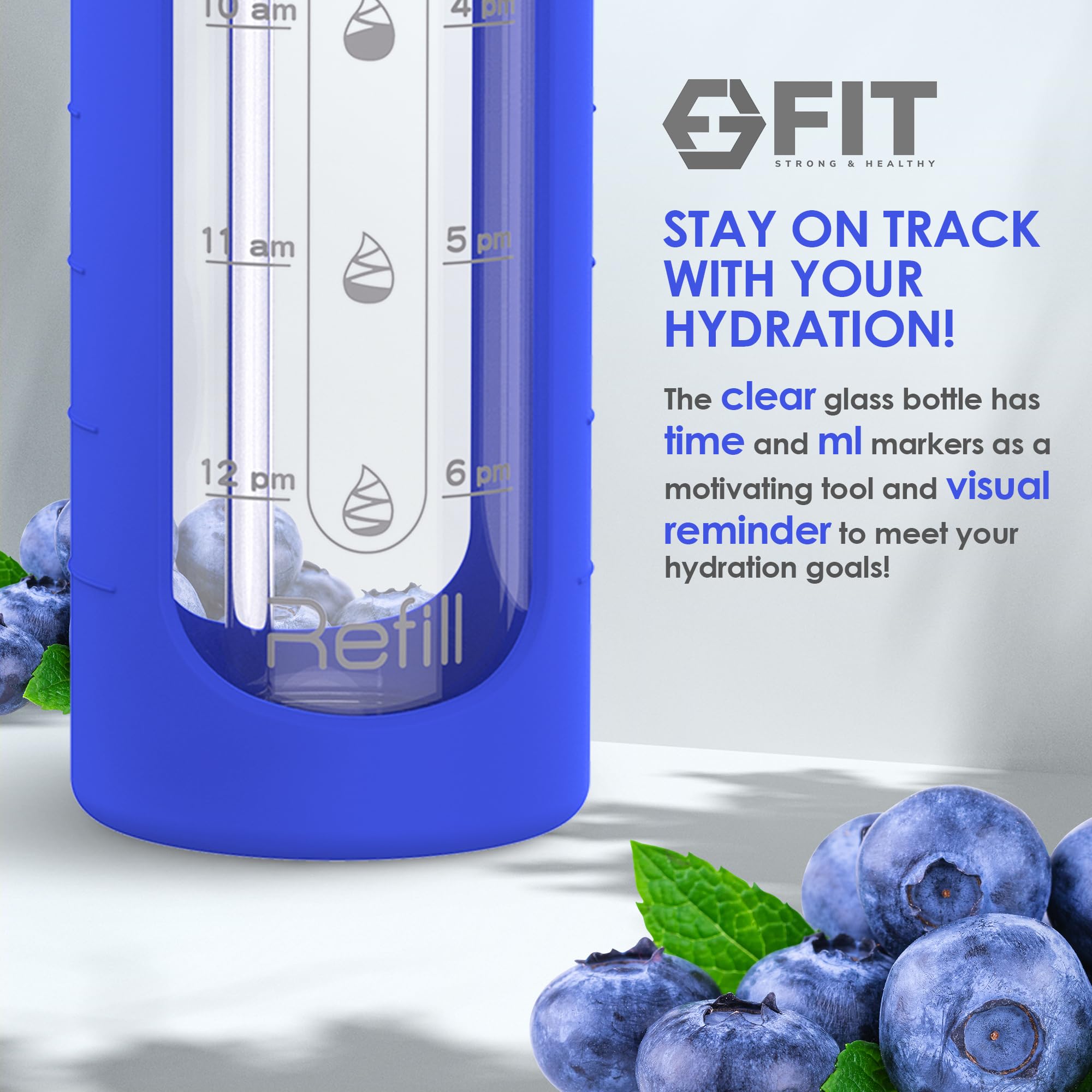 FIT Strong & Healthy 32 oz Glass Water Bottle with Time Marker & Silicone Sleeve - w/Handle & 2 Leakproof Lids Straw & Spout Lid, Wide Mouth, BPA Free 1 Liter Motivational Drinking Bottle, Royal Blue