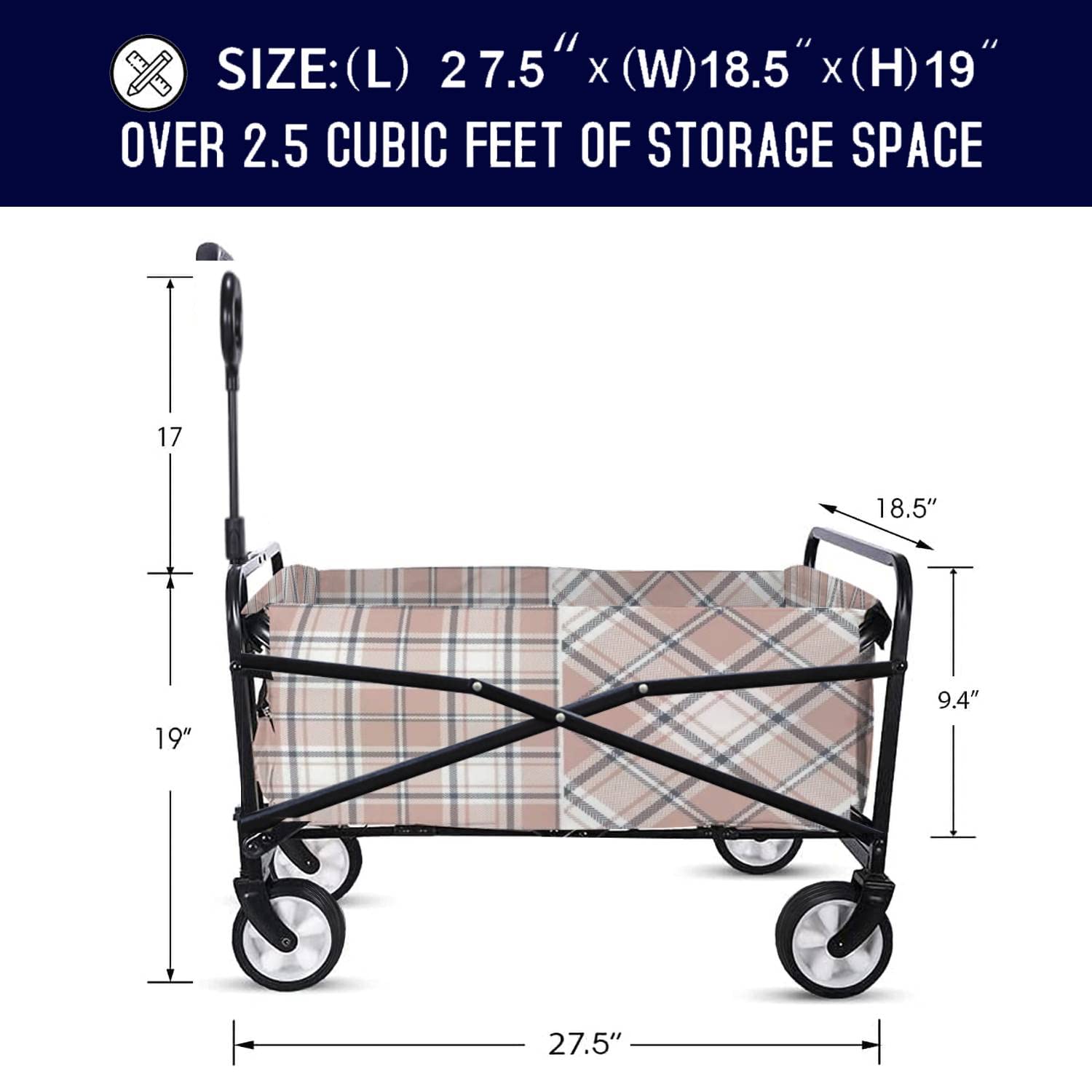 Collapsible Wagon Cart Plaid in Grey Pink White for Spring Autumn Winter Seamless Herringbone Foldable Utility Wagon Large Capacity Garden Cart with Push Bar for Beach Camp Outdoor Shopping
