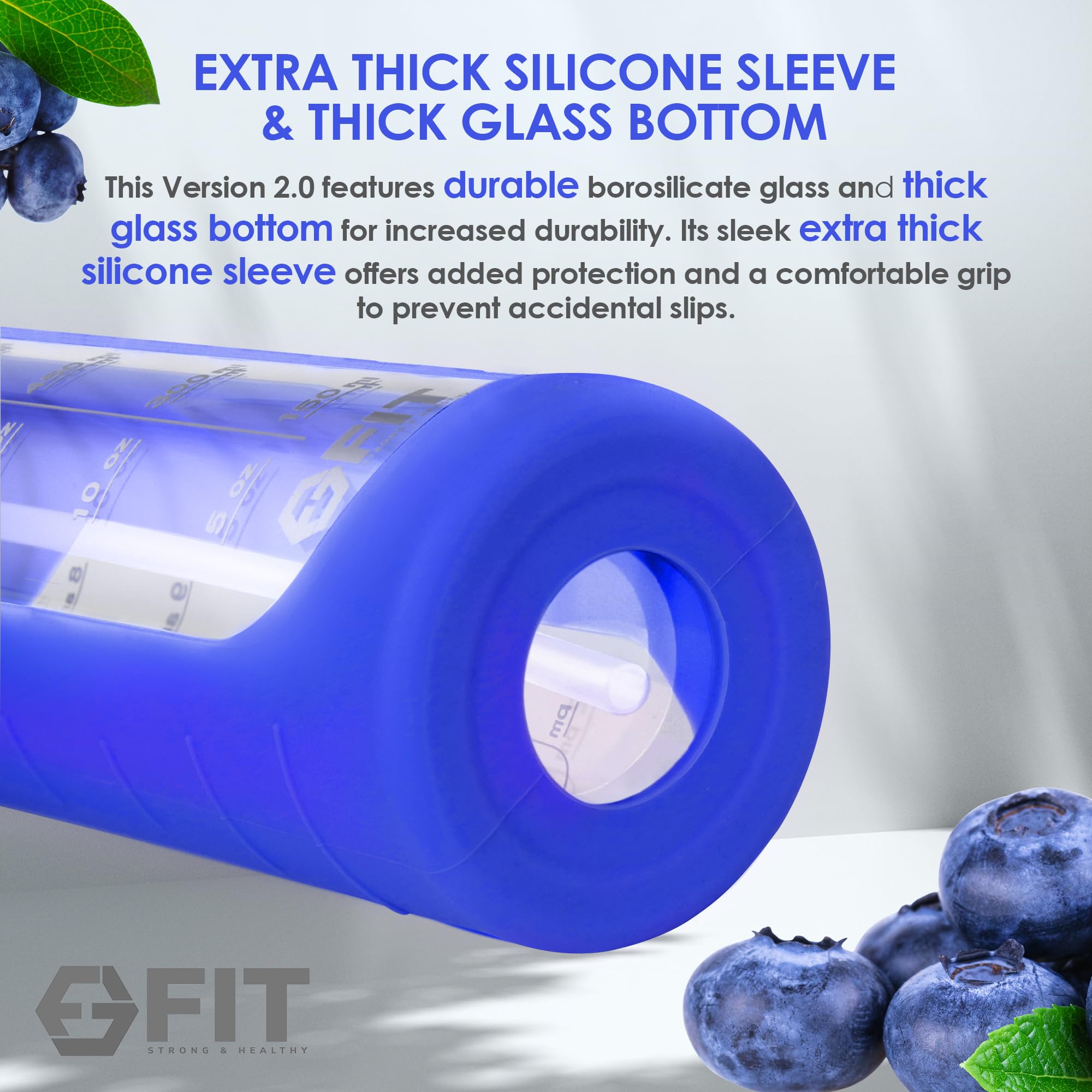 FIT Strong & Healthy 32 oz Glass Water Bottle with Time Marker & Silicone Sleeve - w/Handle & 2 Leakproof Lids Straw & Spout Lid, Wide Mouth, BPA Free 1 Liter Motivational Drinking Bottle, Royal Blue