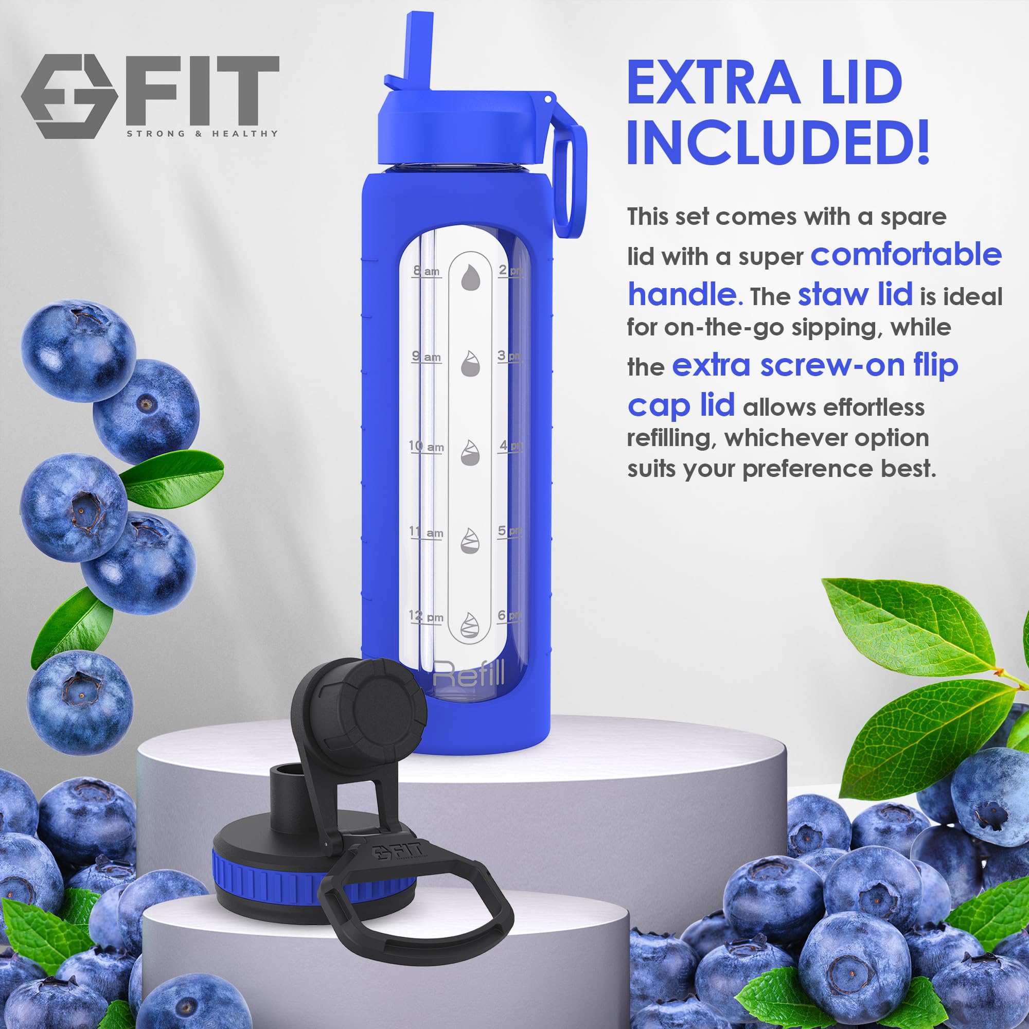 FIT Strong & Healthy 32 oz Glass Water Bottle with Time Marker & Silicone Sleeve - w/Handle & 2 Leakproof Lids Straw & Spout Lid, Wide Mouth, BPA Free 1 Liter Motivational Drinking Bottle, Royal Blue