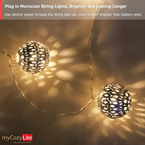 Moroccan String Lights Plug in 20 LED Globe Lights Silver Metal Balls for Wedding Party, Birthday, Christmas, Home Decor, Indoor Outdoor, 8 Functions, Timer, Unique Pattern, Connectable, 10 ft