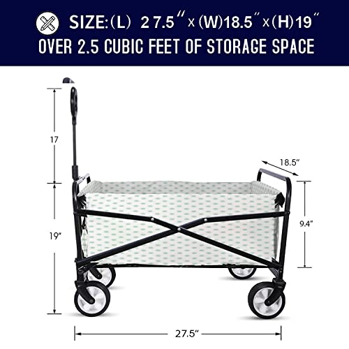Collapsible Wagon Cart Tile Mint dots on White Foldable Utility Wagon Large Capacity Garden Cart with Push Bar for Beach Camp Outdoor Shopping