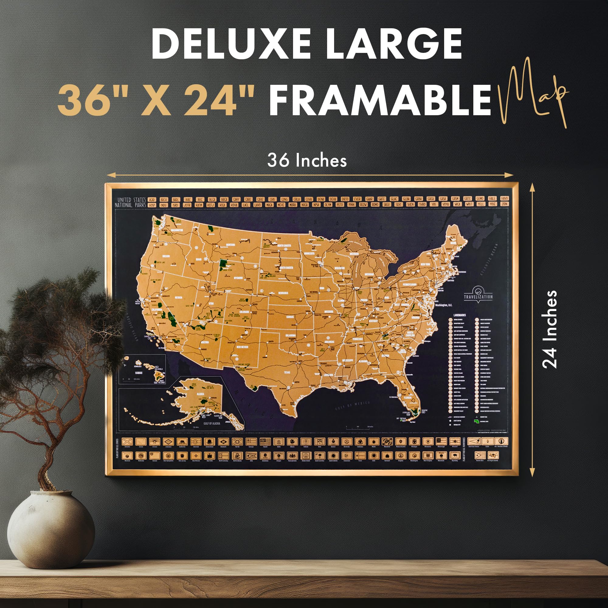 Travelization Scratch Off Map of United States 36" x 24" Frameable USA Scratch Map with National Parks, Highest Peaks and Vibrant Colors, Ideal for Travelers, Black