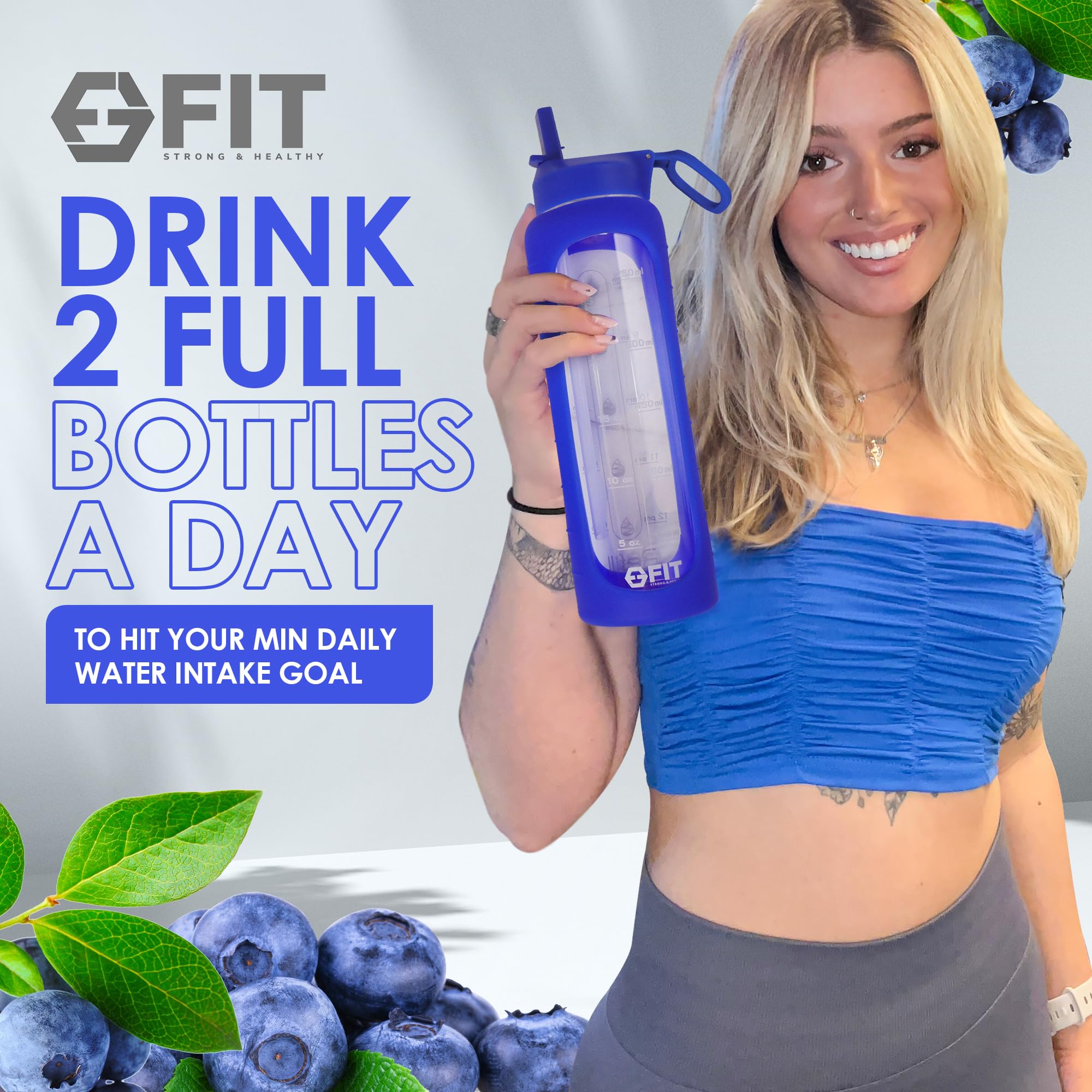 FIT Strong & Healthy 32 oz Glass Water Bottle with Time Marker & Silicone Sleeve - w/Handle & 2 Leakproof Lids Straw & Spout Lid, Wide Mouth, BPA Free 1 Liter Motivational Drinking Bottle, Royal Blue