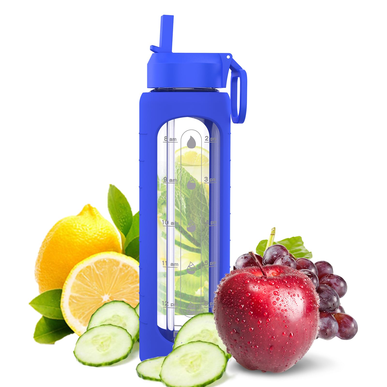 FIT Strong & Healthy 32 oz Glass Water Bottle with Time Marker & Silicone Sleeve - w/Handle & 2 Leakproof Lids Straw & Spout Lid, Wide Mouth, BPA Free 1 Liter Motivational Drinking Bottle, Royal Blue