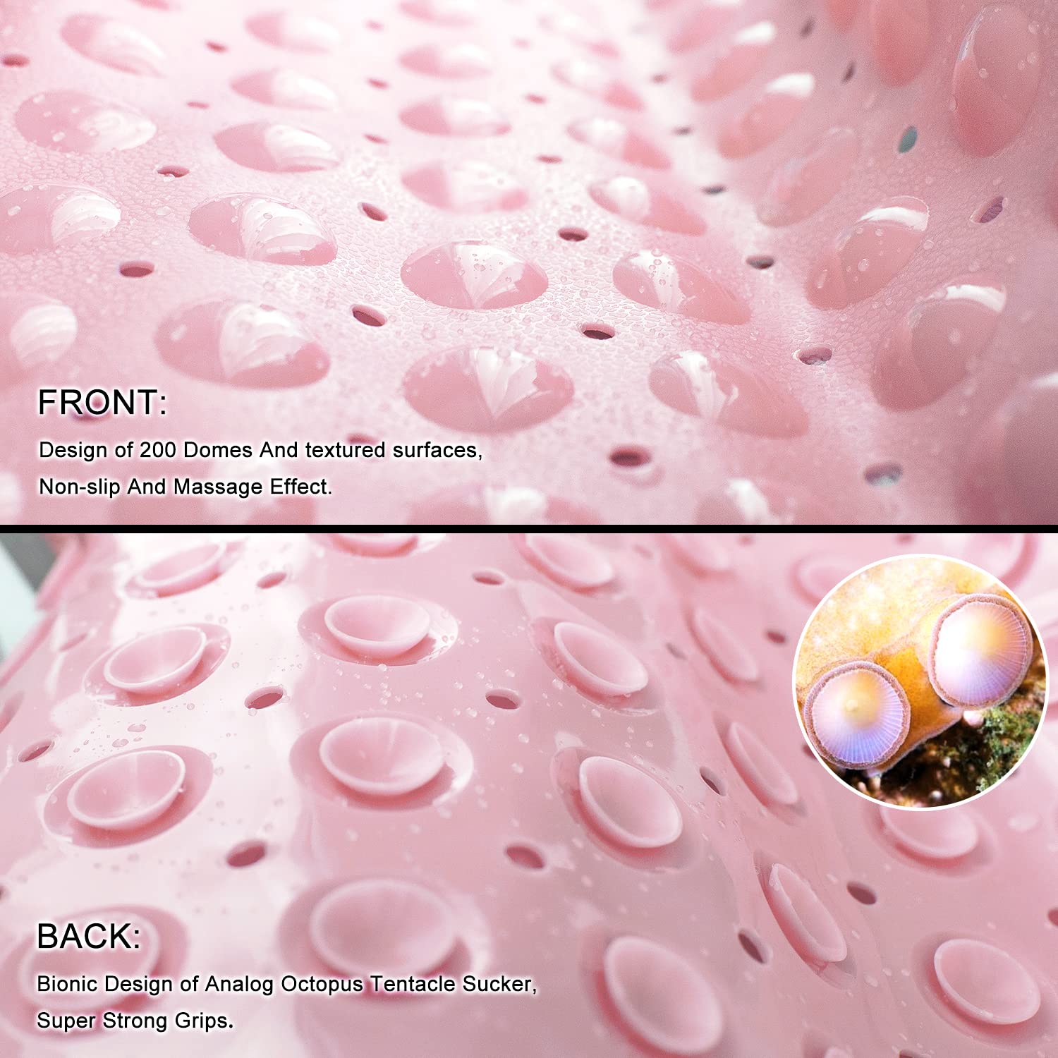TEESHLY Bath Tub and Shower Mats, Non-Slip 39 x 16 Inch Extra Long Bathtub Mat, Machine Washable BathMat with Drain Holes, Suction Cups for Bathroom (Opaque Pink)