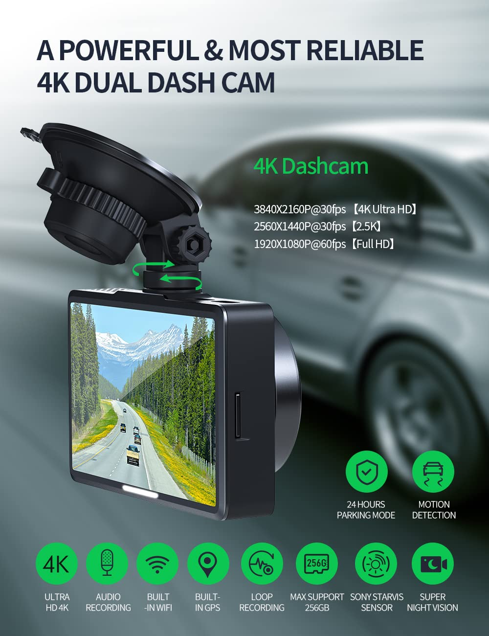 4K Dash Cam WiFi GPS - Front and Rear Dual Dash Camera for Cars, 3" IPS Touchscreen, Sony Sensor, Super Night Vision, Parking Mode, Support 256GB Max, Surfola SD810