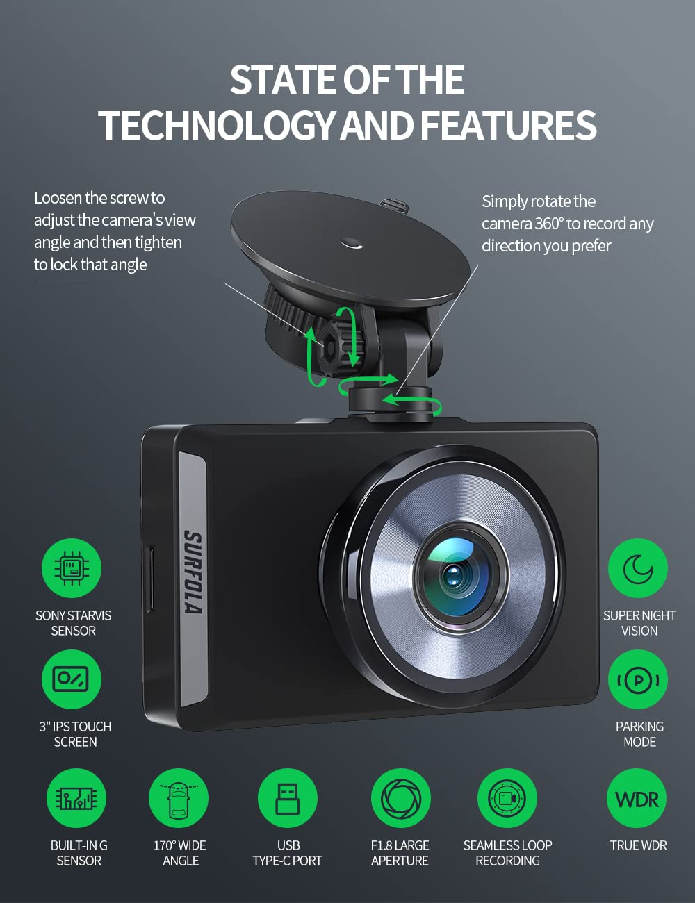 4K Dash Cam WiFi GPS - Front and Rear Dual Dash Camera for Cars, 3" IPS Touchscreen, Sony Sensor, Super Night Vision, Parking Mode, Support 256GB Max, Surfola SD810