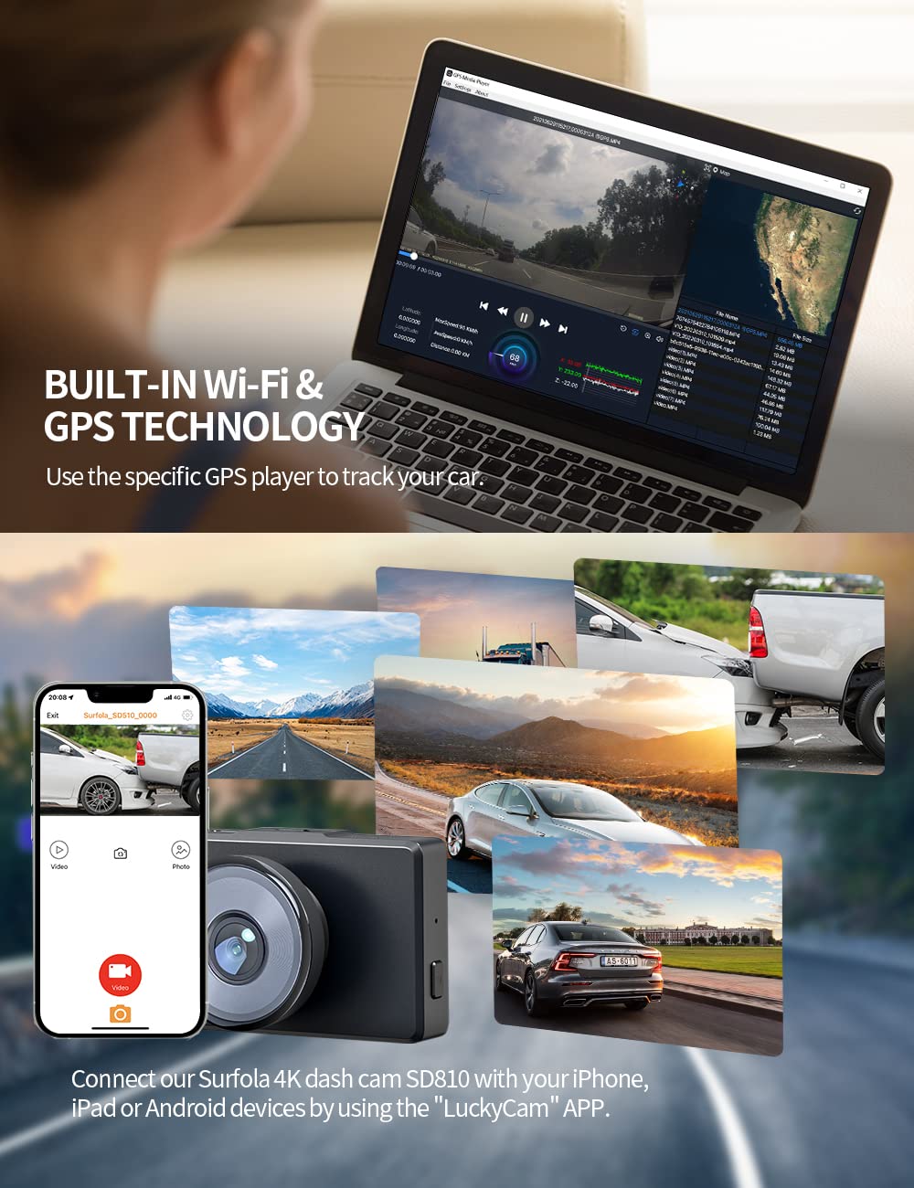 4K Dash Cam WiFi GPS - Front and Rear Dual Dash Camera for Cars, 3" IPS Touchscreen, Sony Sensor, Super Night Vision, Parking Mode, Support 256GB Max, Surfola SD810