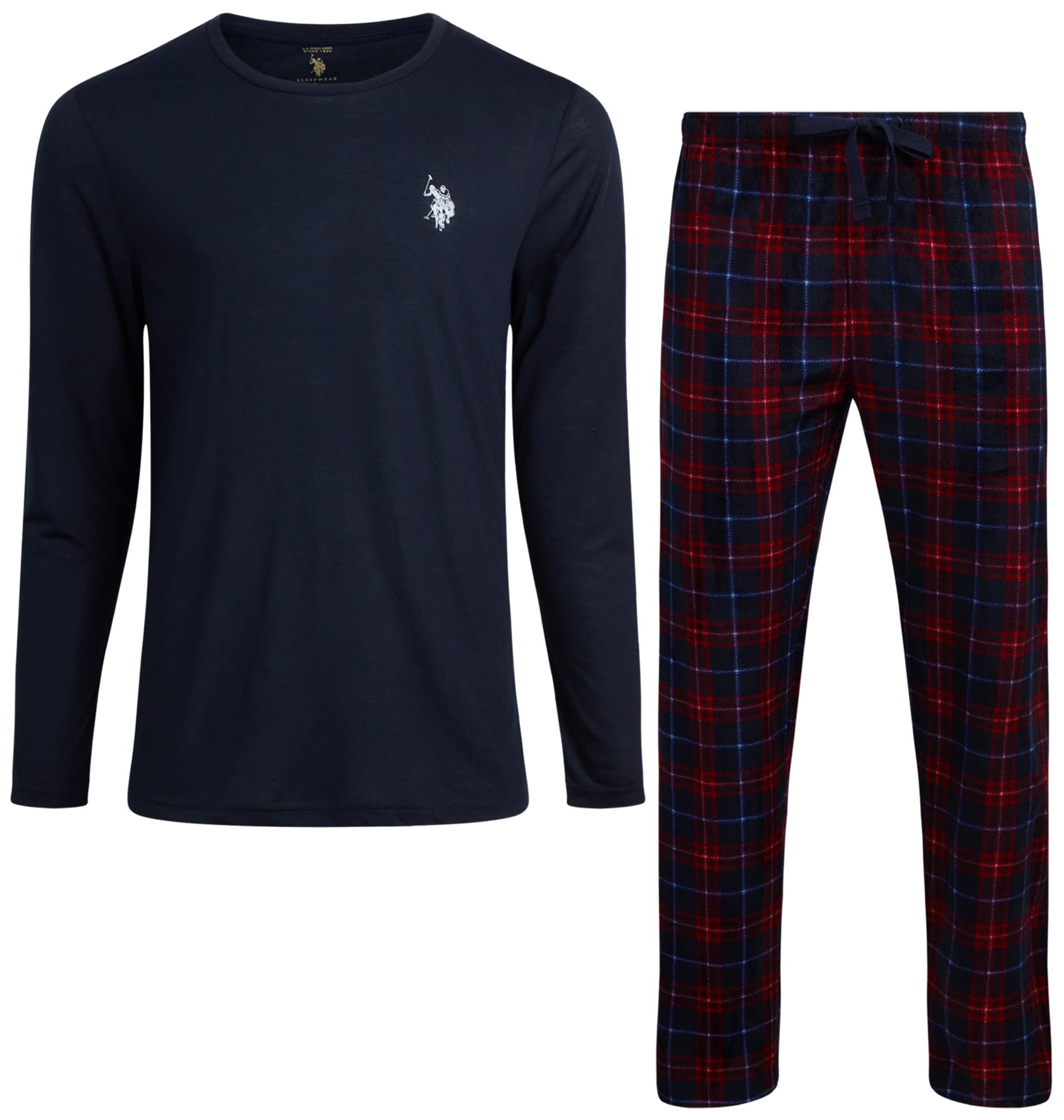 U.S. Polo Assn. Men's Pajama Set - 2 Piece Long Sleeve T-Shirt and Fleece Lounge Pants, Gift Box, Size Medium, Sky Captain