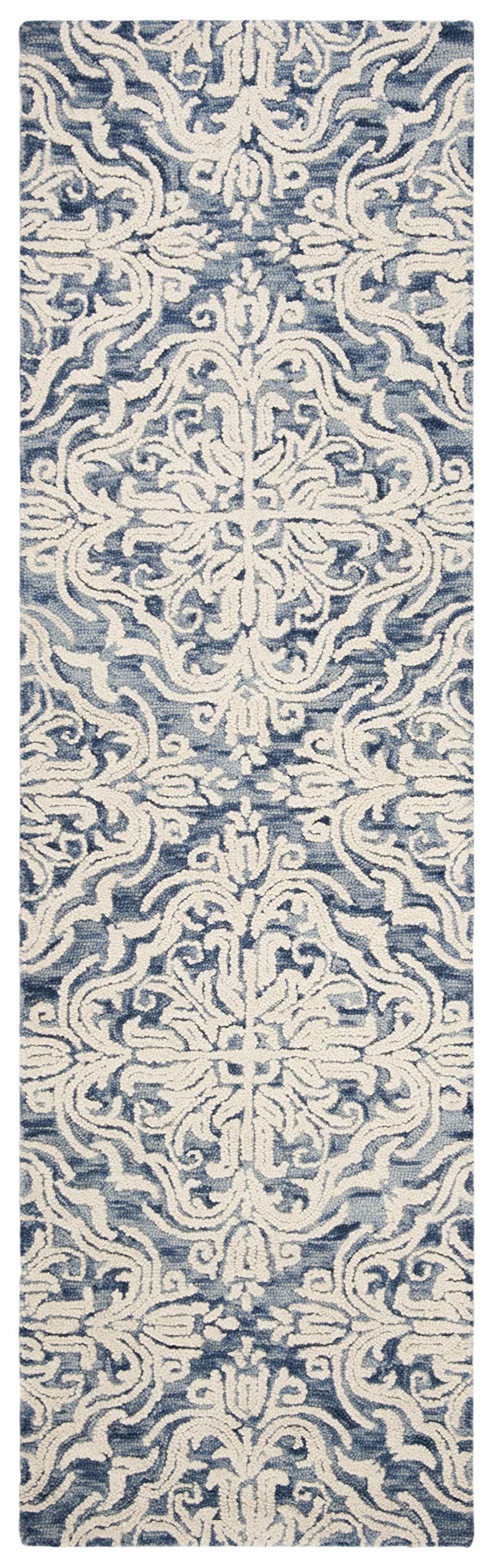 SAFAVIEH Blossom Collection 2' 3" x 12' Blue/Ivory BLM103M Handmade Premium Wool Entryway Foyer Living Room Kitchen Runner Rug