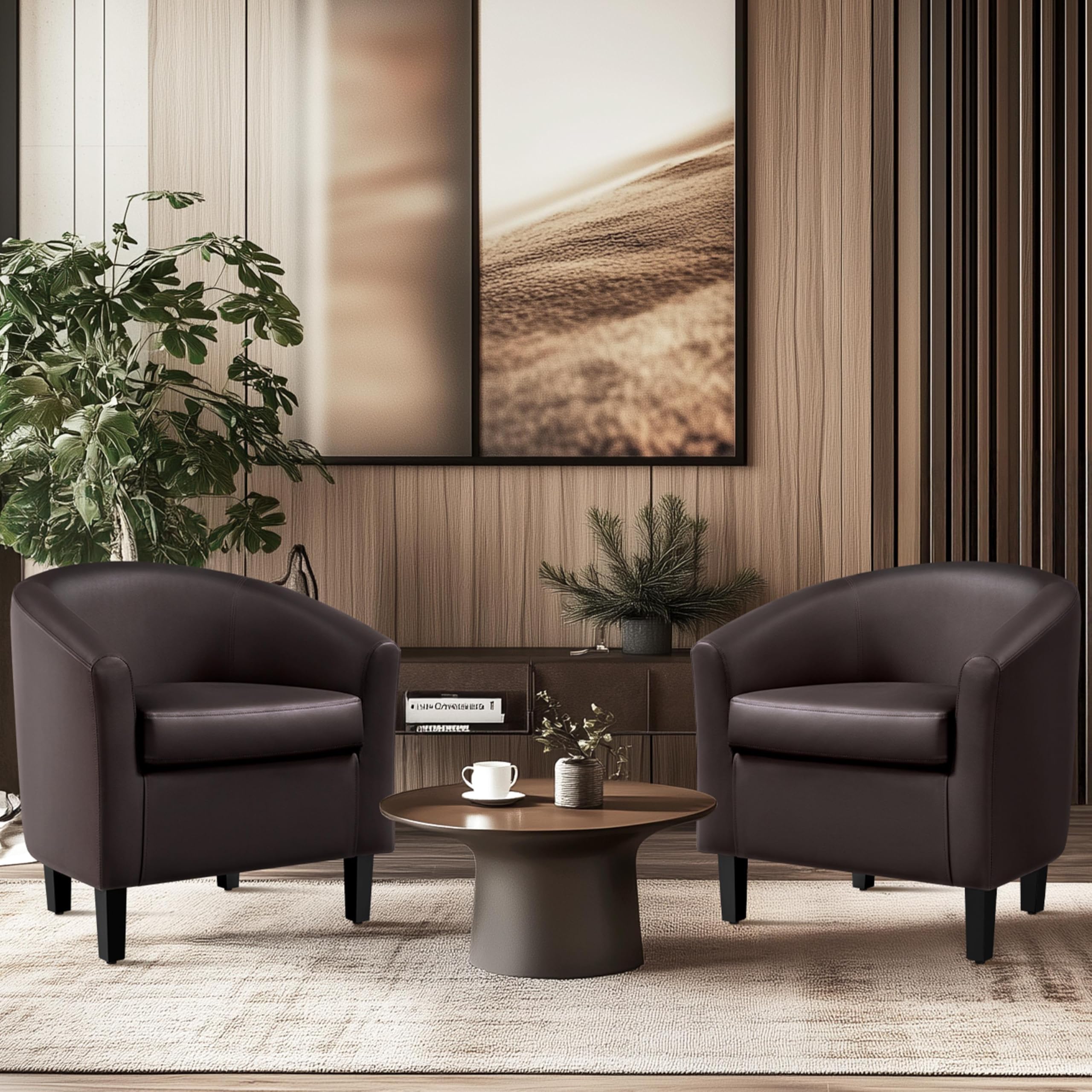 Yaheetech PU Leather Accent Chairs, Modern Barrel Chairs Side Chairs, Comfy Club Chairs with Soft Padded, 2 Chairs for Living Room/Bedroom/Reading Room, Espresso, Set of 2
