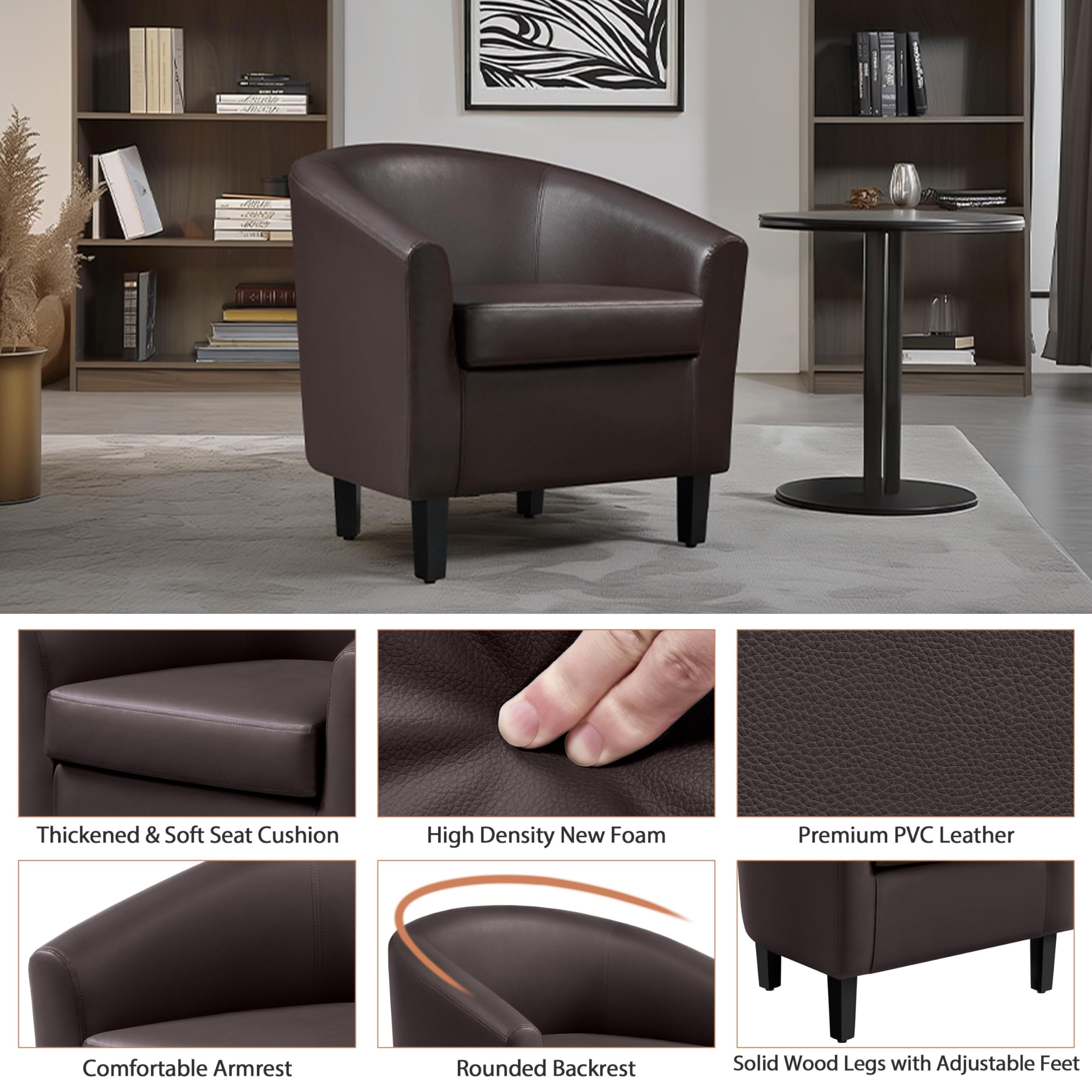 Yaheetech PU Leather Accent Chairs, Modern Barrel Chairs Side Chairs, Comfy Club Chairs with Soft Padded, 2 Chairs for Living Room/Bedroom/Reading Room, Espresso, Set of 2