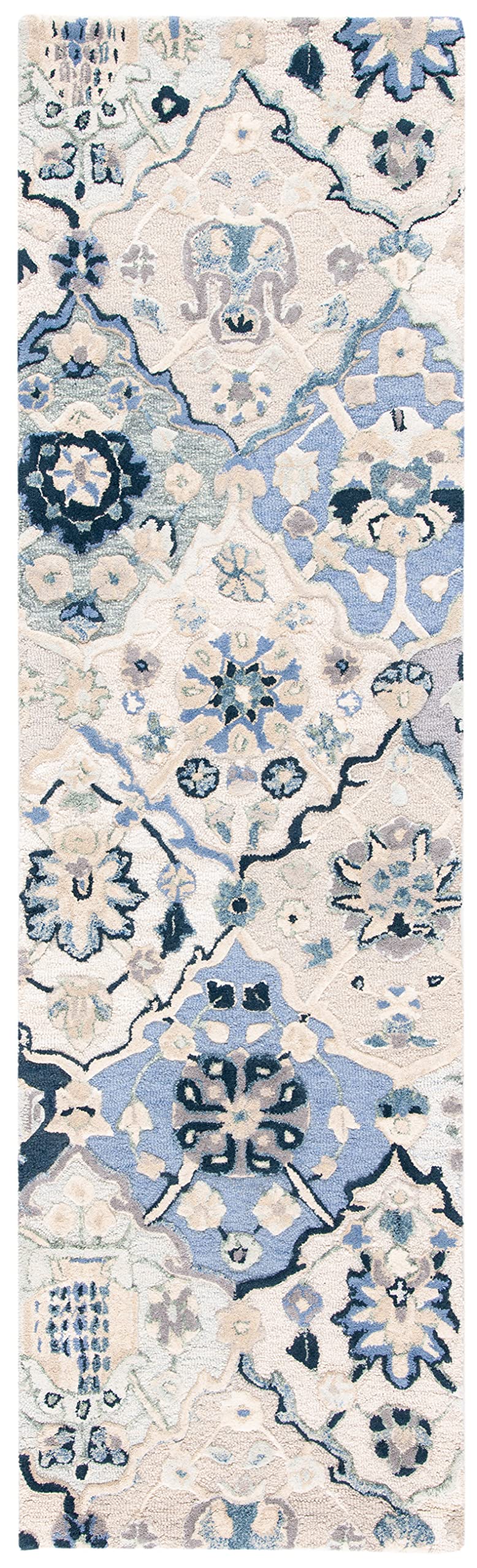 SAFAVIEH Glamour Collection 2' 3" x 12' Beige/Blue GLM622B Handmade Premium Wool Entryway Foyer Living Room Kitchen Runner Rug
