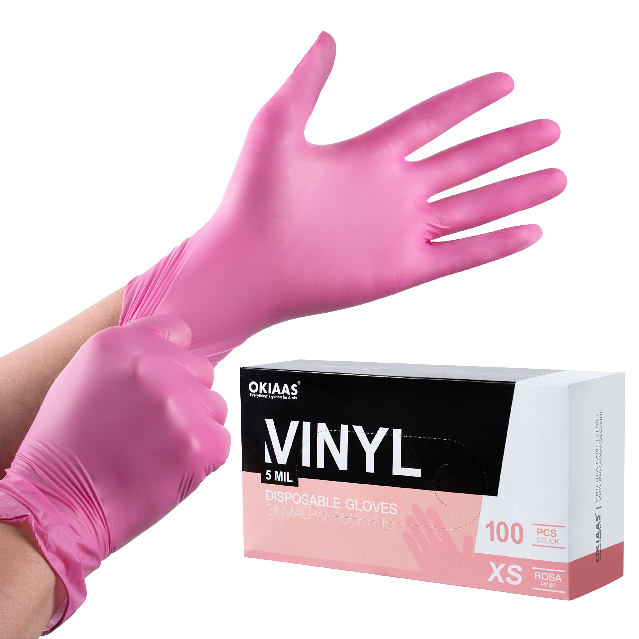 OKIAAS Black/Pink Vinyl Gloves Disposable Latex Free, Food Safe, Powder Free, 5 Mil Thickened for Cooking, Cleaning, Food Prep, Baking, Hair Dye, Tattoo, Small, 50 Count