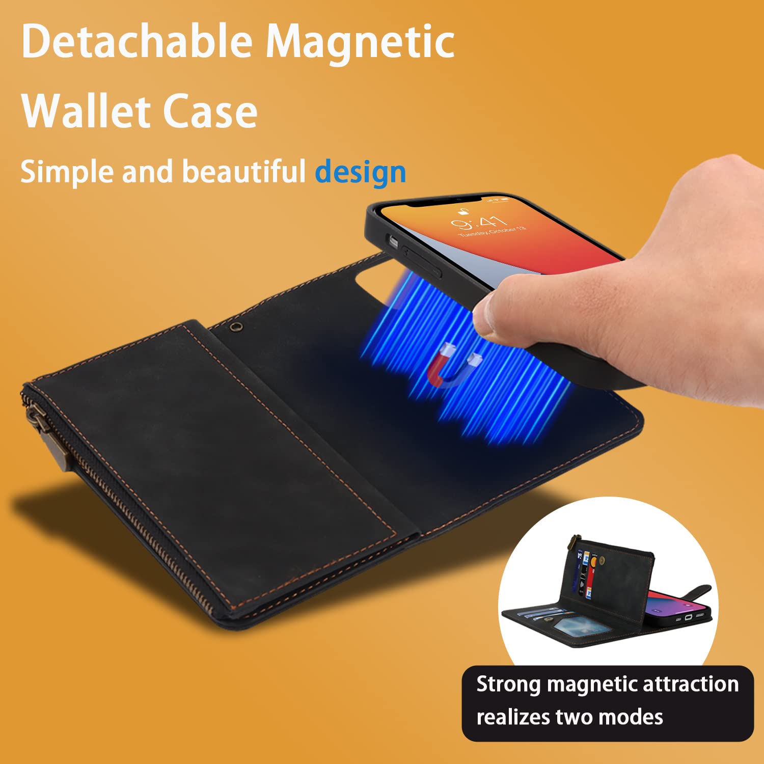 Havaya for iPhone 13 Wallet Case with Card Holder Wallet iPhone 13 case Detachable,for iPhone 13 Phone case Flip Folio Zipper Wallet case with Credit Card Slots for Women Men-Black