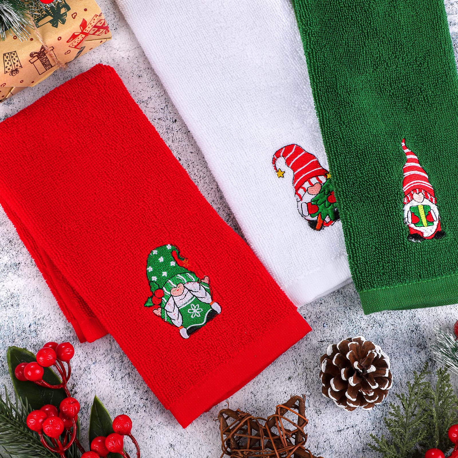 MCEAST 3 Pack Christmas Hand Towel 17.7 x 12.6 Inches Soft Wash Cloths Holiday Design Pure Cotton Towels for Bathroom, Home, Kitchen Drying and Cleaning (Red, Green, White)