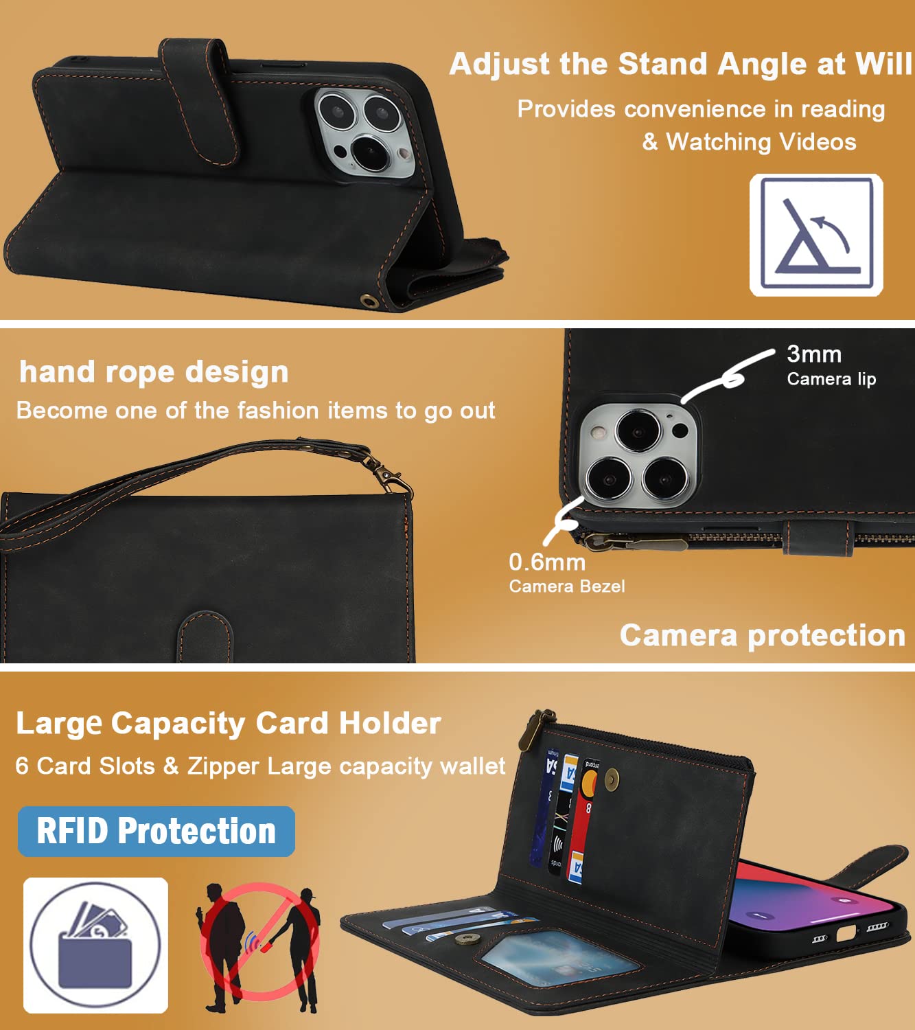 Havaya for iPhone 13 Wallet Case with Card Holder Wallet iPhone 13 case Detachable,for iPhone 13 Phone case Flip Folio Zipper Wallet case with Credit Card Slots for Women Men-Black
