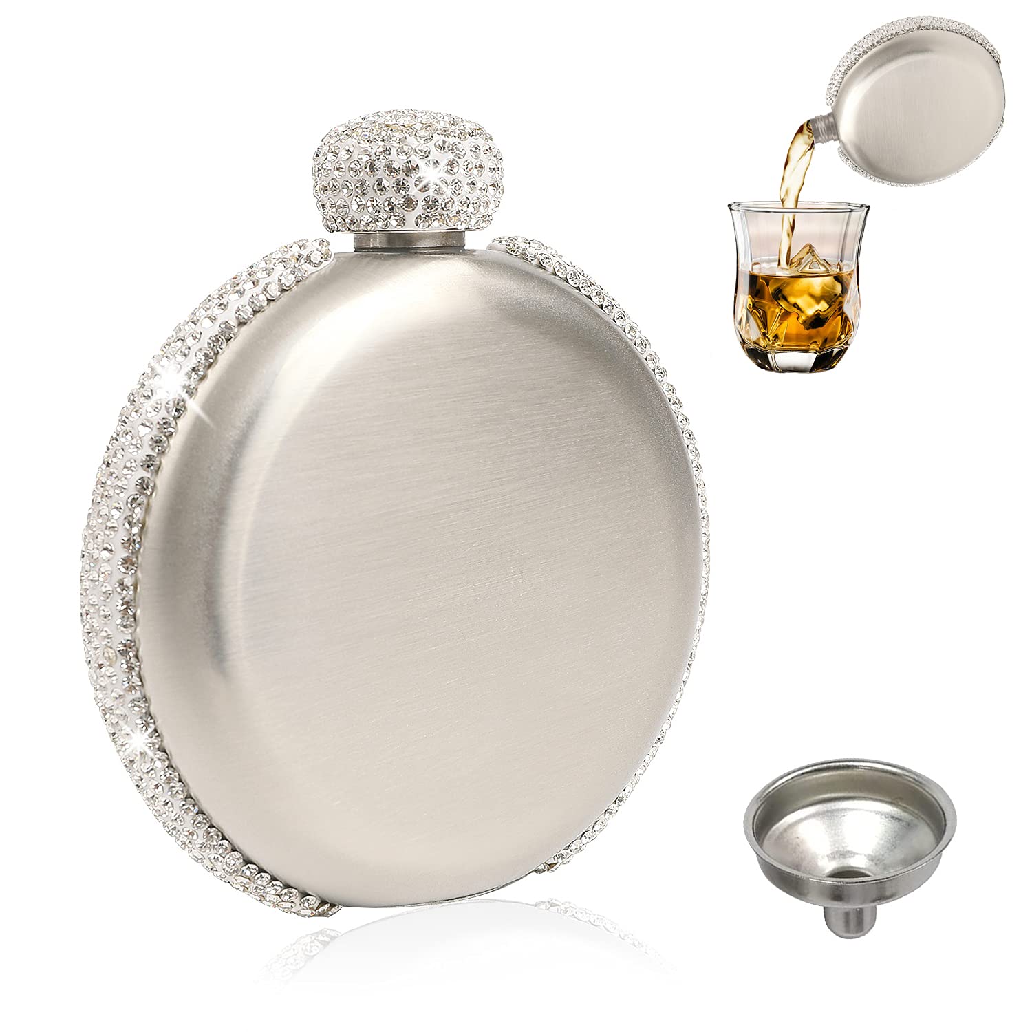 INTOR Hip Liquor Flask for Women, Leakproof Wine Flasks 304 Stainless Steel Rhinestone Portable Flask with Funnel, Women Girls Bling Gift(Silver/5oz)