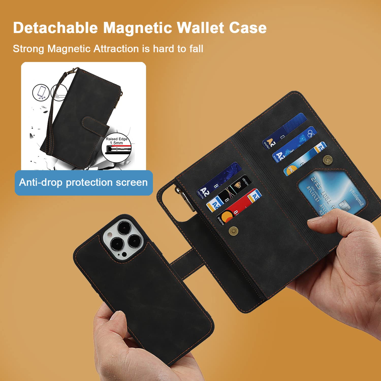 Havaya for iPhone 13 Wallet Case with Card Holder Wallet iPhone 13 case Detachable,for iPhone 13 Phone case Flip Folio Zipper Wallet case with Credit Card Slots for Women Men-Black