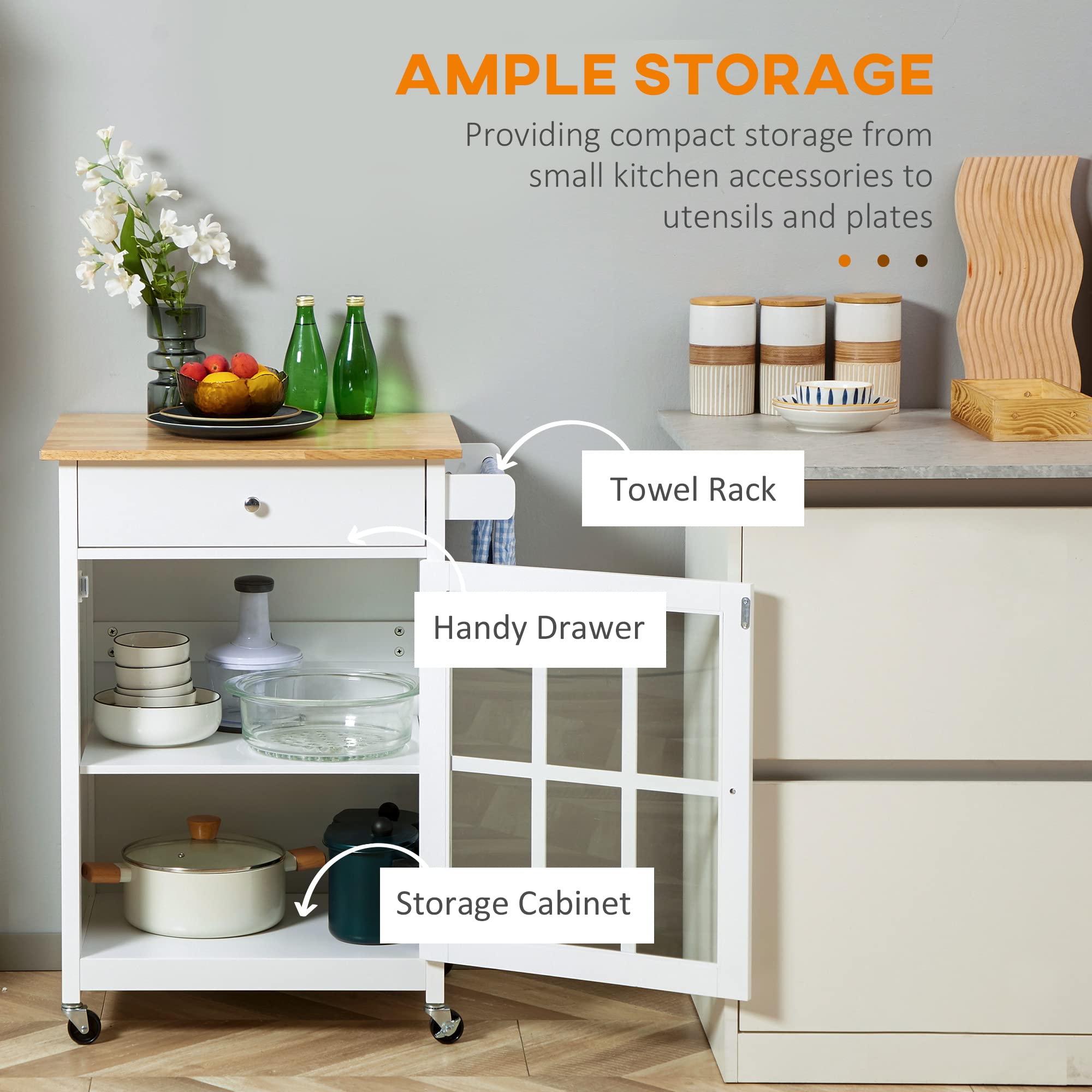 HOMCOM 27" Rolling Kitchen Island Cart with Drawer and Glass Door Cabinet, Kitchen Trolley with Adjustable Shelf and Towel Rack, White