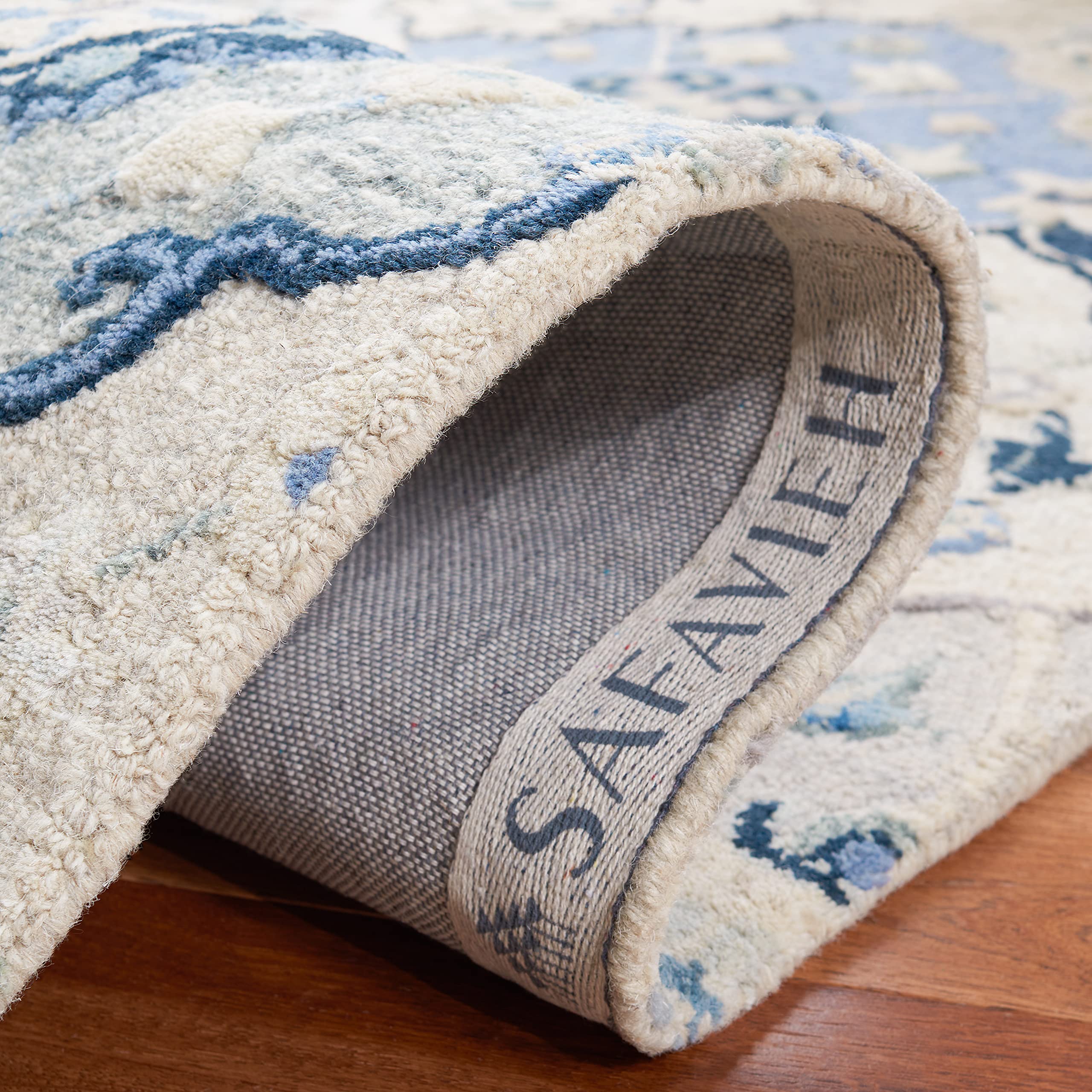 SAFAVIEH Glamour Collection 2' 3" x 12' Beige/Blue GLM622B Handmade Premium Wool Entryway Foyer Living Room Kitchen Runner Rug