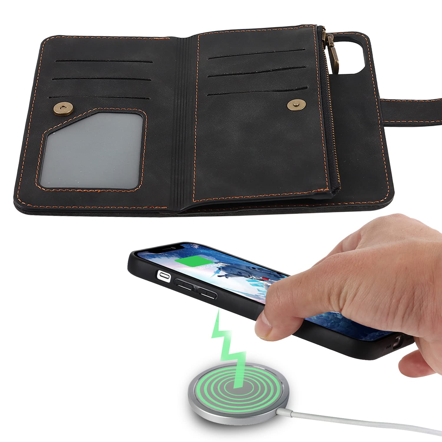 Havaya for iPhone 13 Wallet Case with Card Holder Wallet iPhone 13 case Detachable,for iPhone 13 Phone case Flip Folio Zipper Wallet case with Credit Card Slots for Women Men-Black