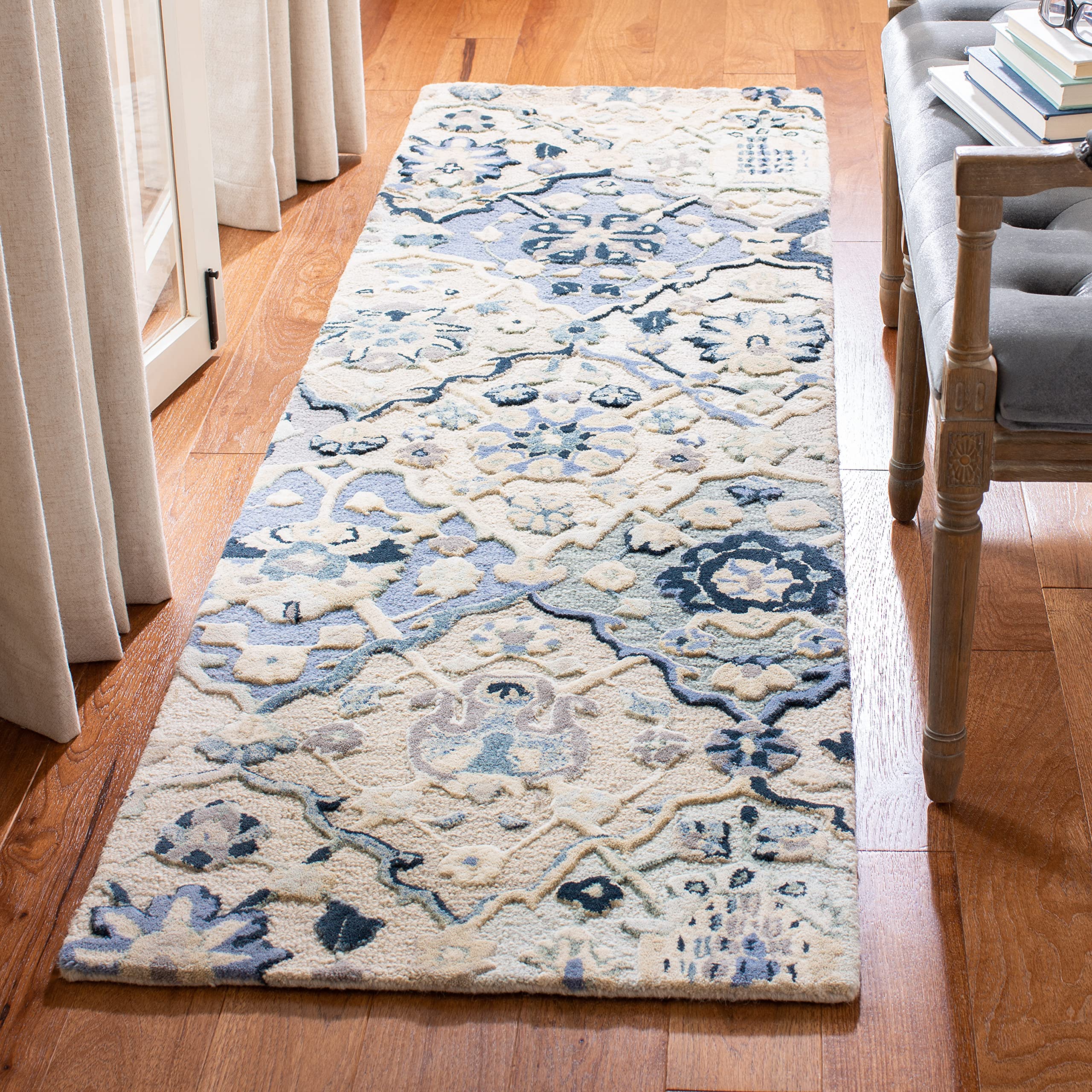 SAFAVIEH Glamour Collection 2' 3" x 12' Beige/Blue GLM622B Handmade Premium Wool Entryway Foyer Living Room Kitchen Runner Rug