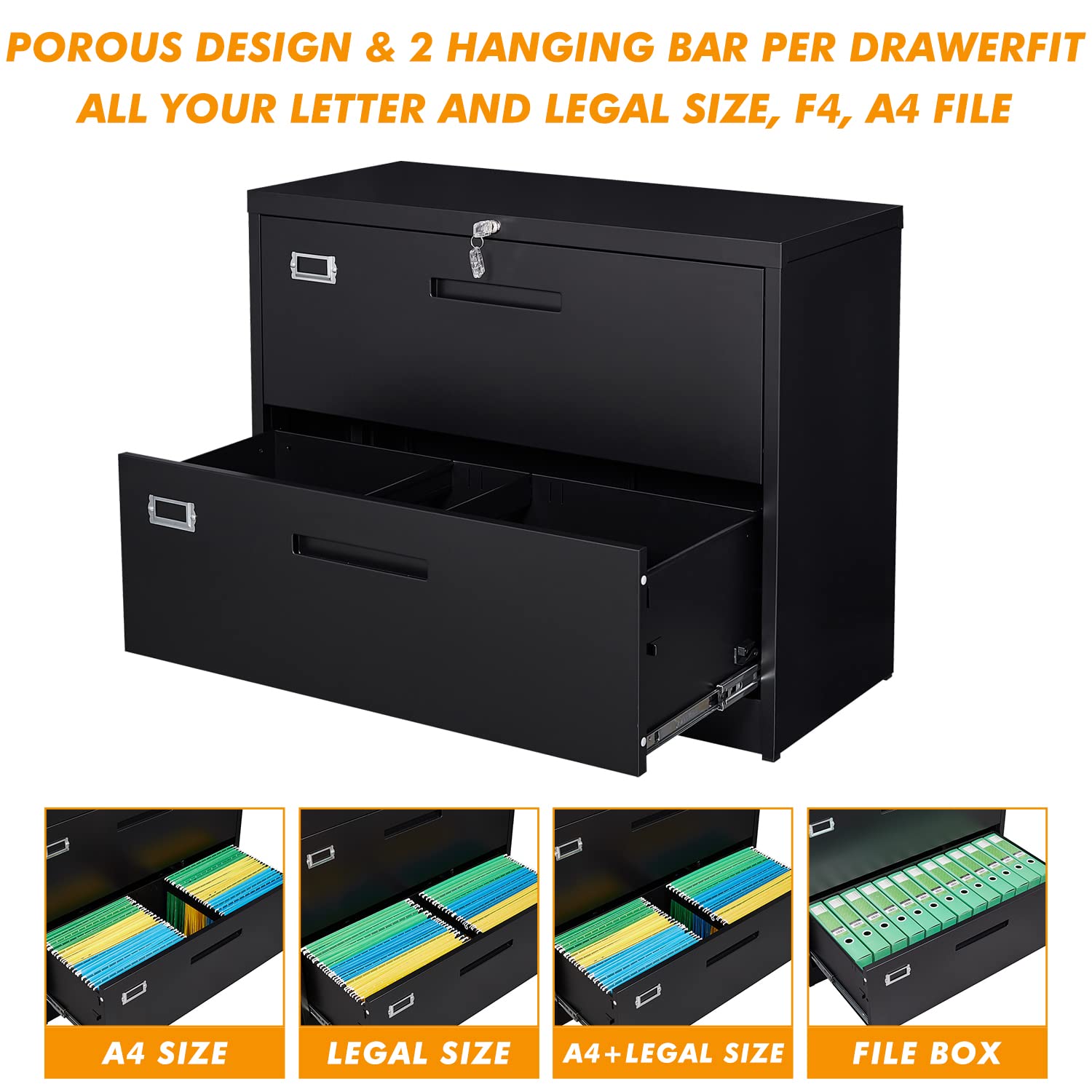 STANI Lateral File Cabinets with Lock, Filing Cabinet, 2 Drawer Lateral File Cabinet with Lock, Metal Lateral File Cabinet for Home and Office, Assembly Required