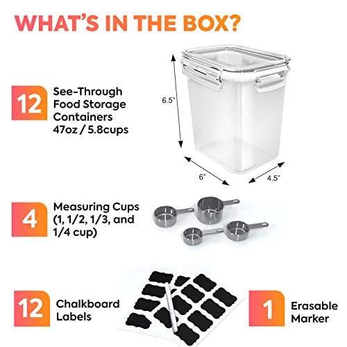 Mueller Airtight Storage Food Container Set with Lids – 12-Piece, Kitchen & Pantry Organization and Storage, Dishwasher, Freezer and Microwave Safe – 12 Labels, 4 Measuring Cups and Marker, White