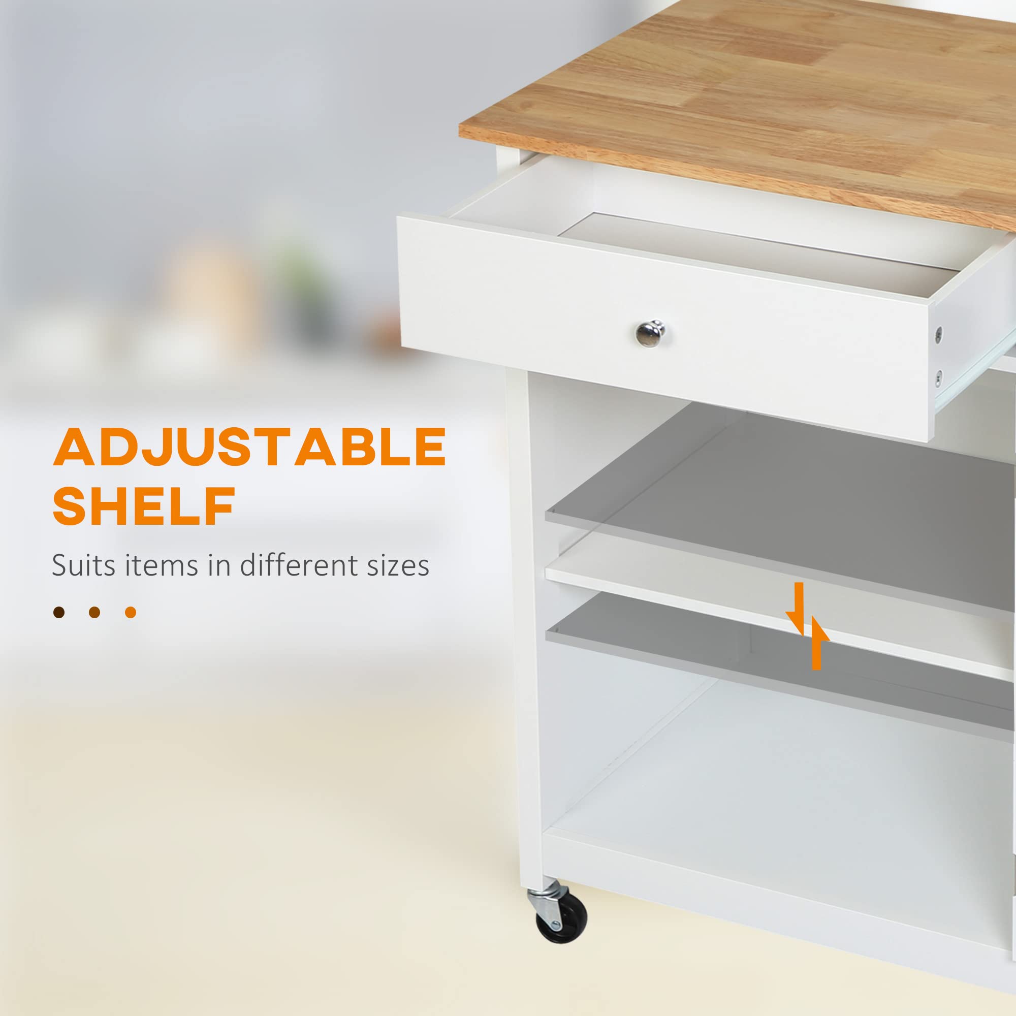 HOMCOM 27" Rolling Kitchen Island Cart with Drawer and Glass Door Cabinet, Kitchen Trolley with Adjustable Shelf and Towel Rack, White