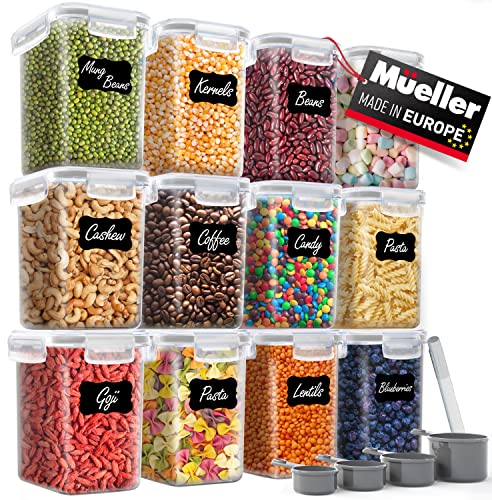 Mueller Airtight Storage Food Container Set with Lids – 12-Piece, Kitchen & Pantry Organization and Storage, Dishwasher, Freezer and Microwave Safe – 12 Labels, 4 Measuring Cups and Marker, White